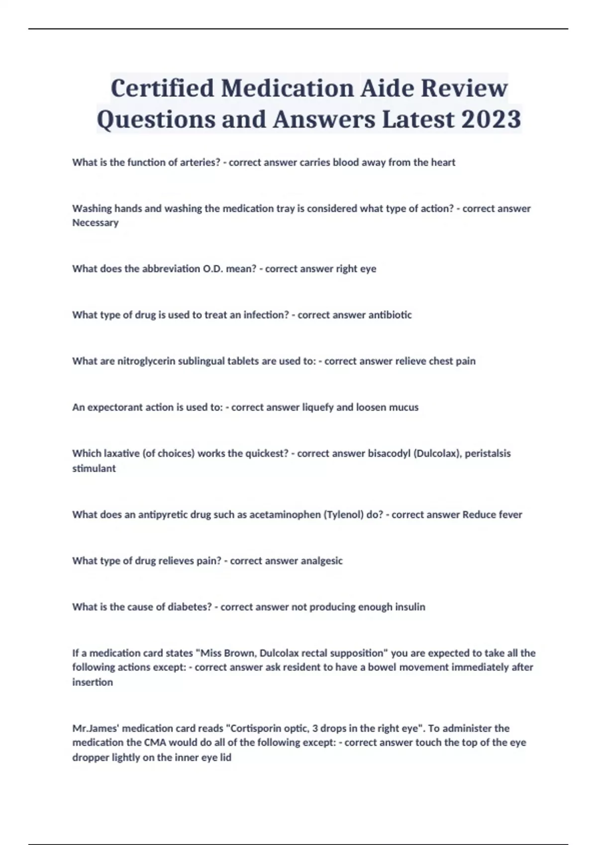 Certified Medication Aide Review Questions and Answers Latest 2023 ...