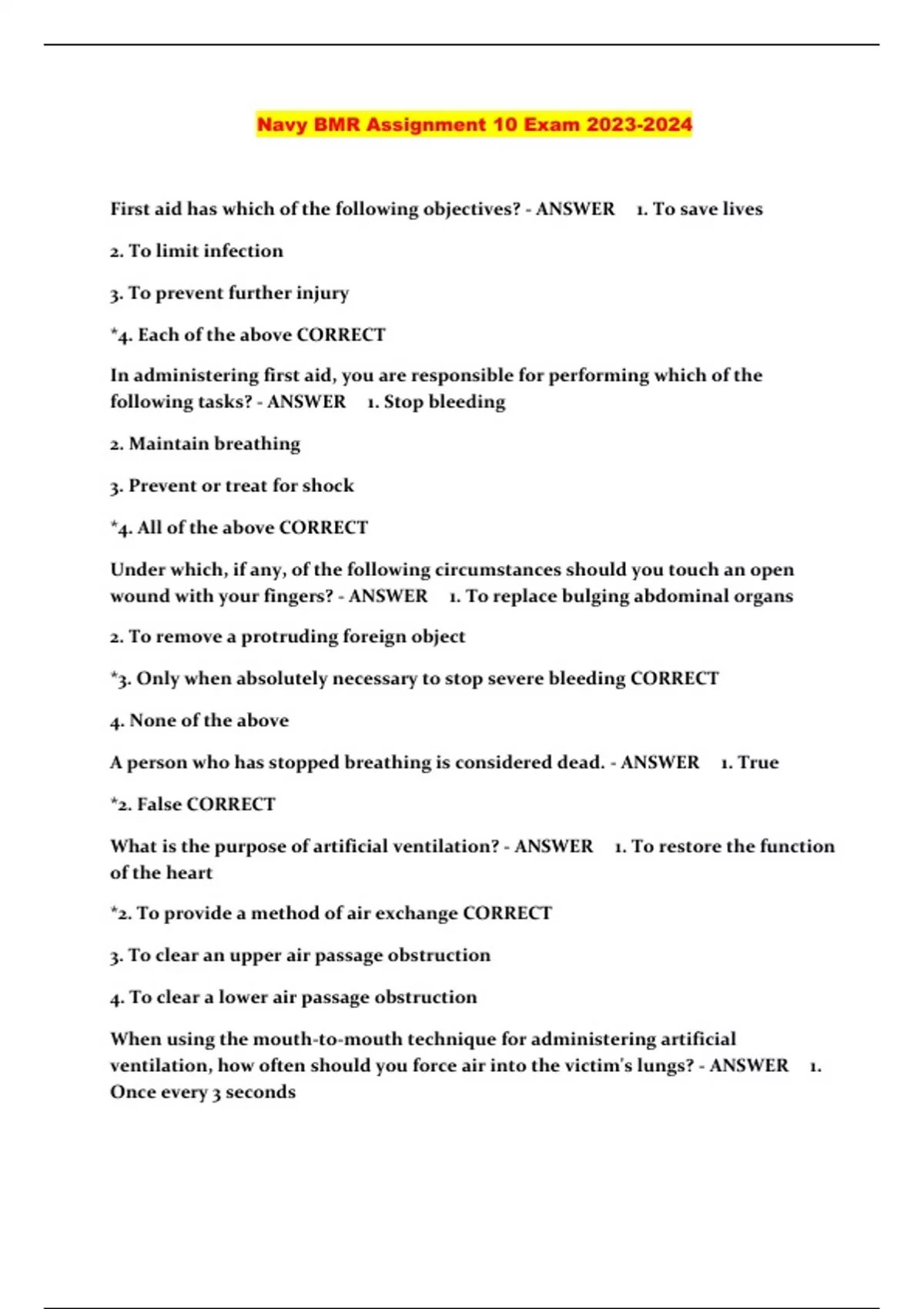 Navy BMR Assignment 10 Exam - Navy BMR - Stuvia US