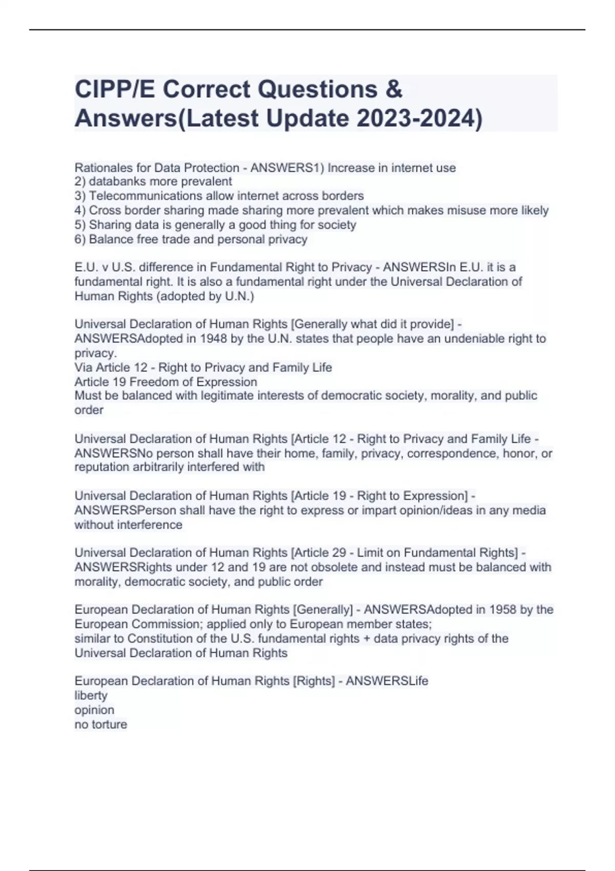 CIPP/E Correct Questions & Answers(Latest Update ) - CIPP/E - Stuvia US