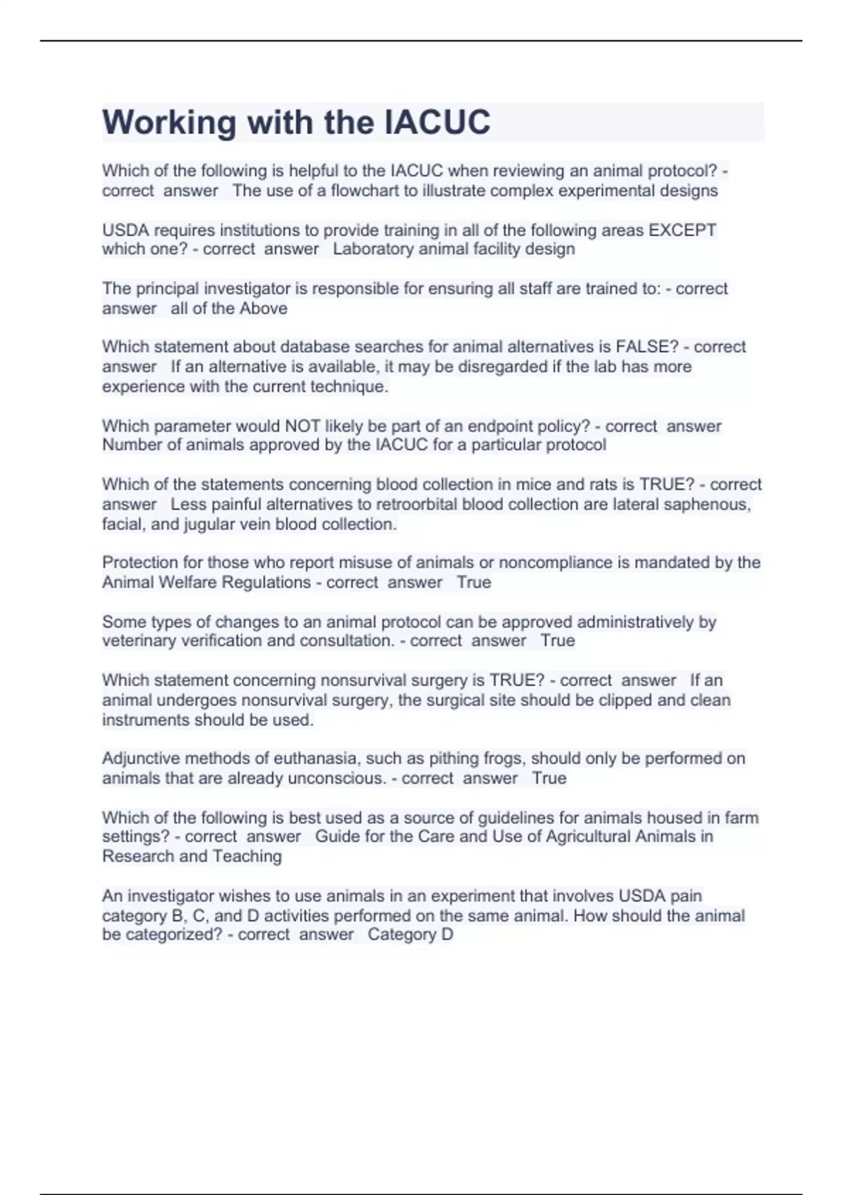 Working with the IACUC QUESTIONS WITH COMPLETED SOLUTIONS 2023 - AALAS - Stuvia US