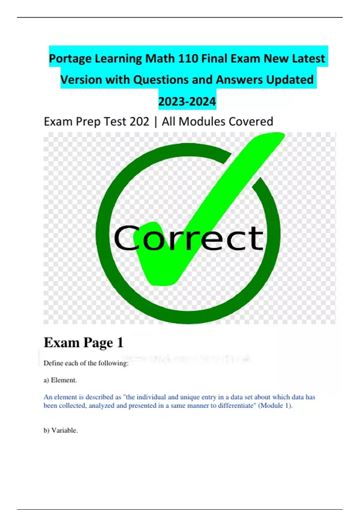 Portage Learning Math 110 Final Exam New Latest Version With Questions And Answers Updated Exam