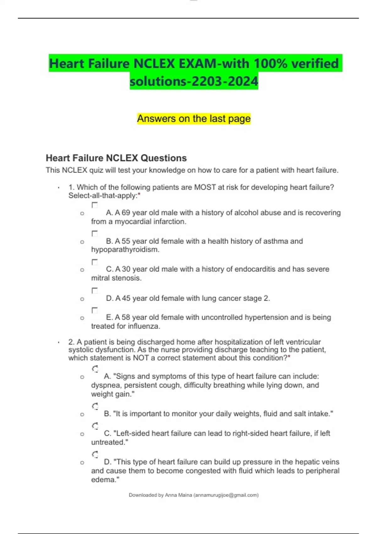 Heart Failure NCLEX EXAM-with 100% verified solutions- - Heart Failure ...
