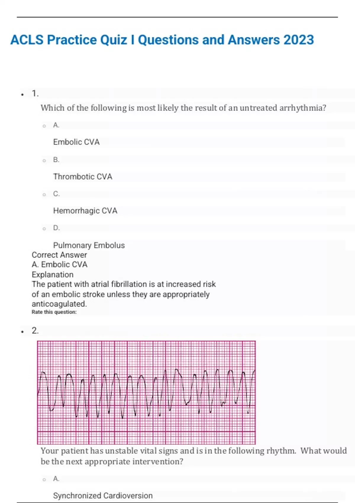 Acls Practice Quiz I Questions And Answers 2023 Acls Stuvia Us