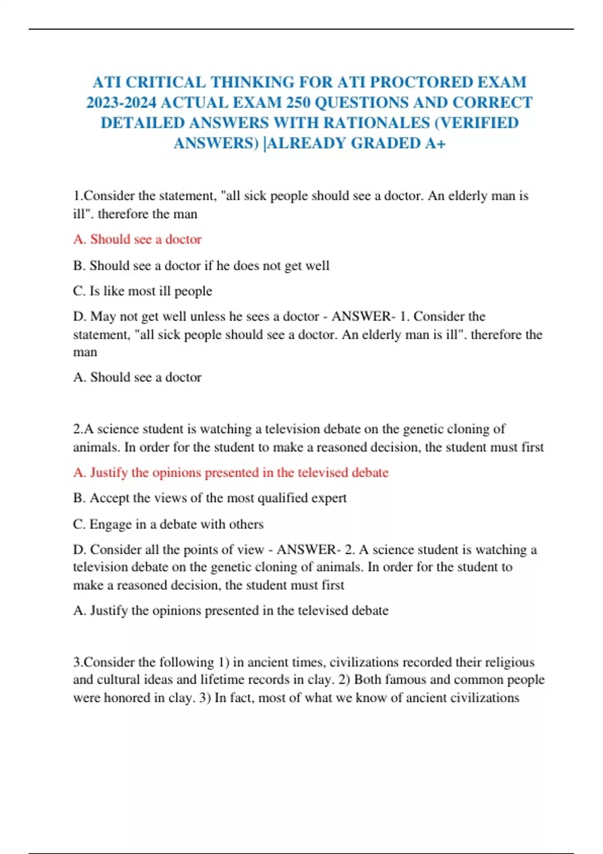 ATI CRITICAL THINKING FOR ATI PROCTORED EXAM ACTUAL EXAM 250 QUESTIONS AND CORRECT DETAILED ...