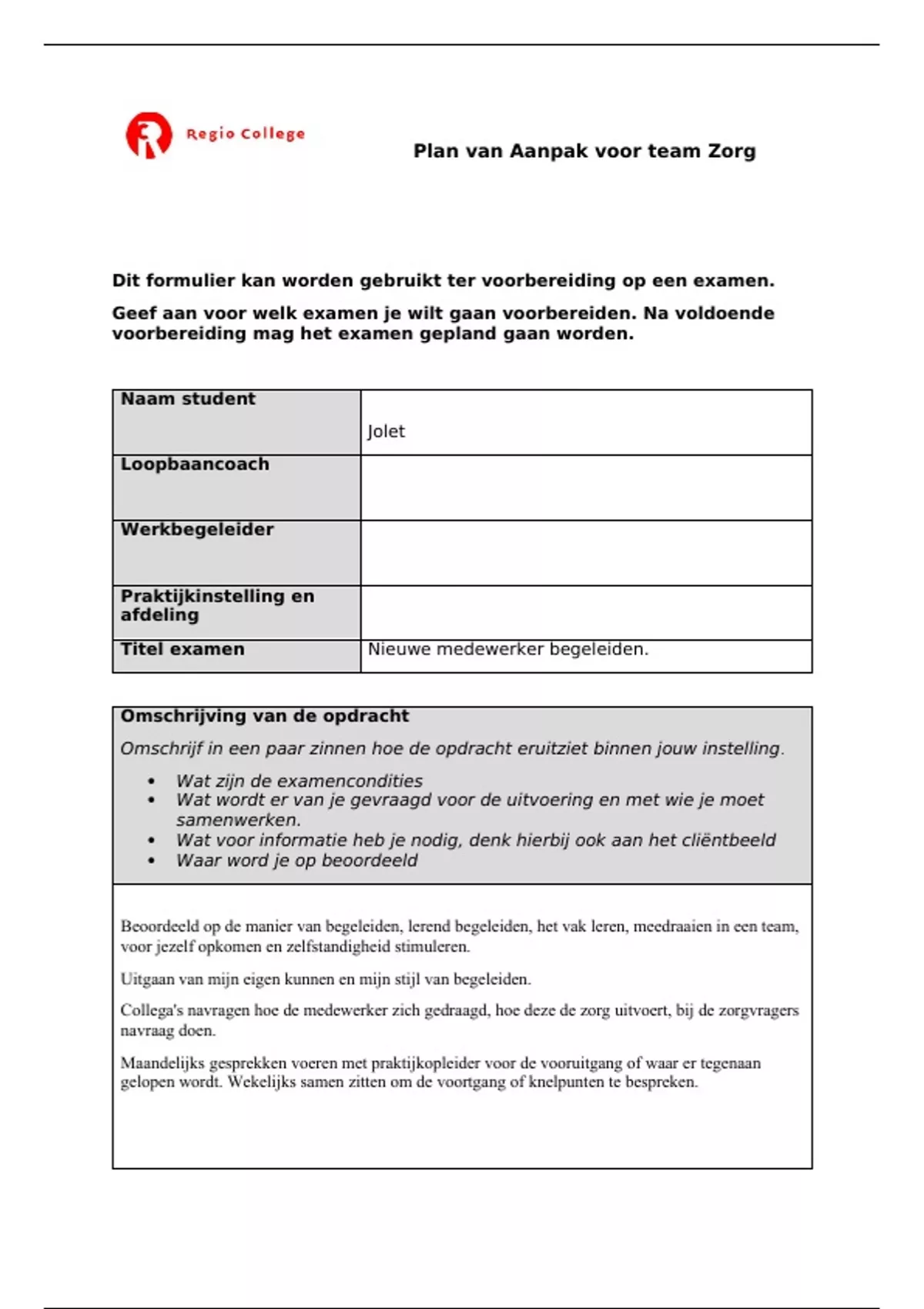 plan van aanpak nieuwe medewerker begeleiden - Verpleegkundige - Stuvia NL