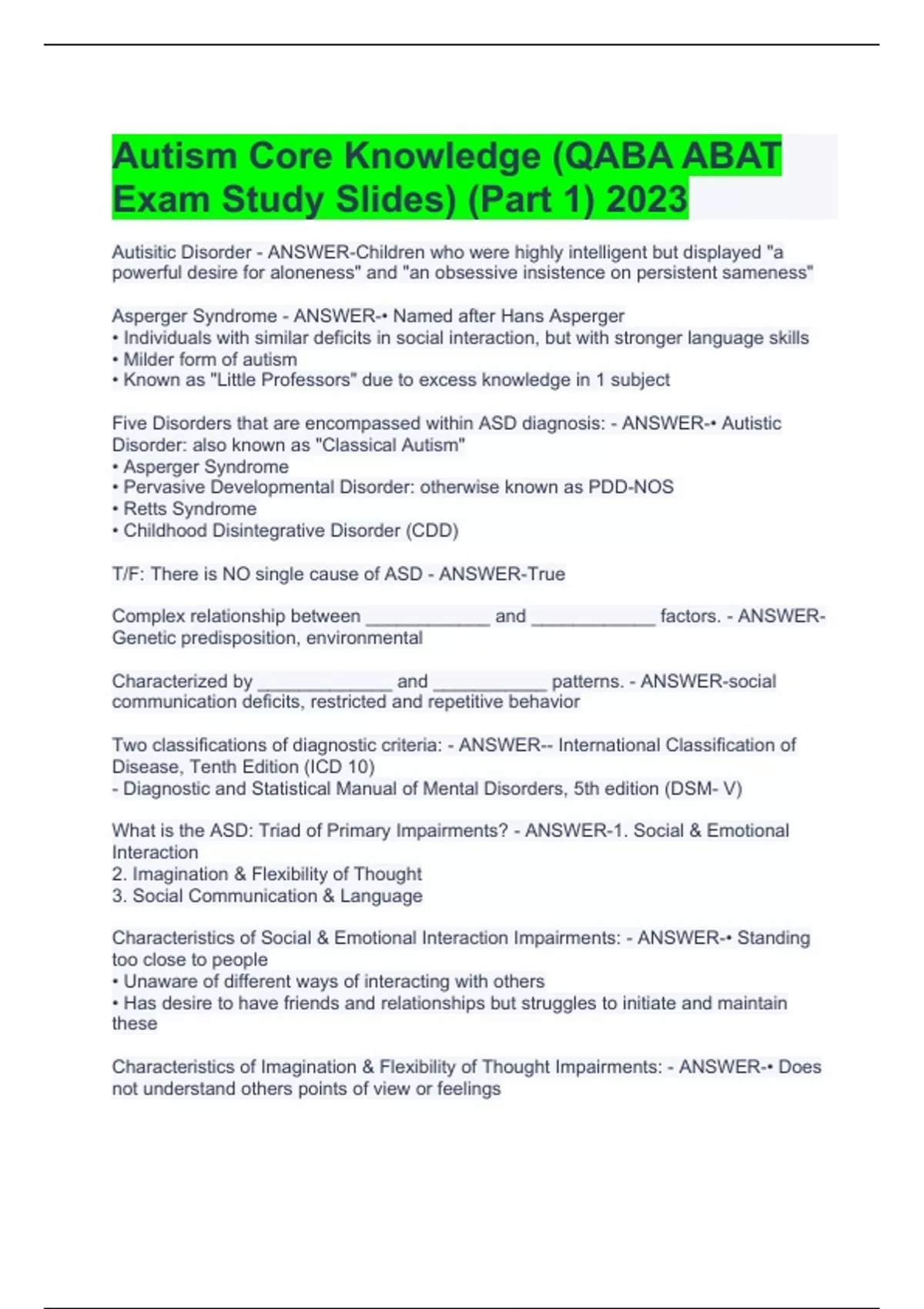 Autism Core Knowledge (QABA ABAT Exam Study Slides) (Part 1) 2023 ...