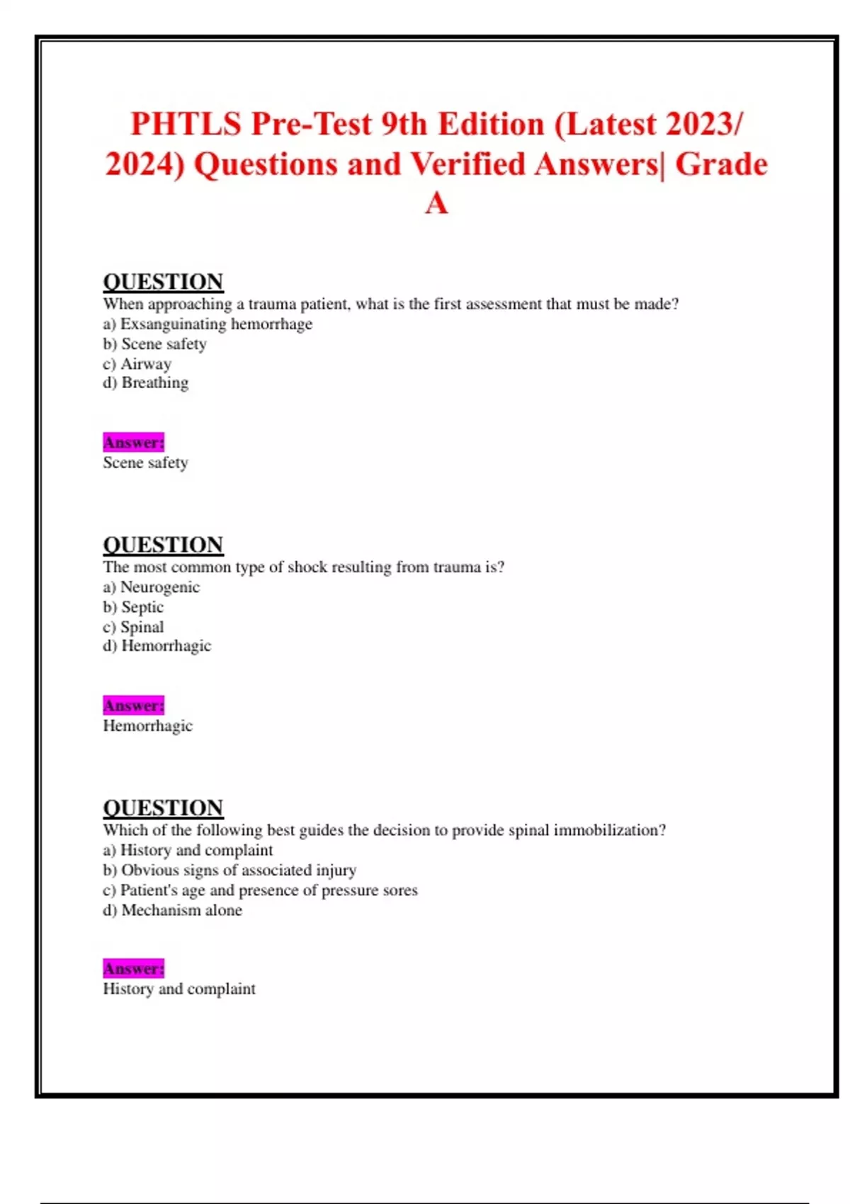 PHTLS Pre-Test & Post Test 9th Edition Exams STUDY PACK| Complete ...