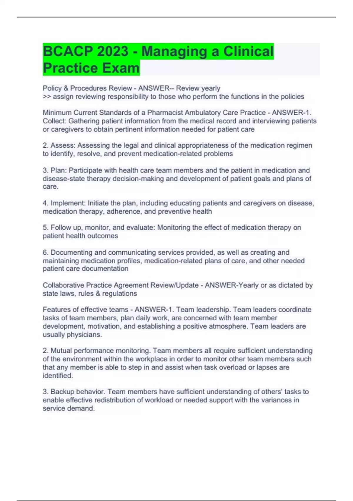 BCACP 2023 - Managing a Clinical Practice Exam - BCACP - Stuvia US