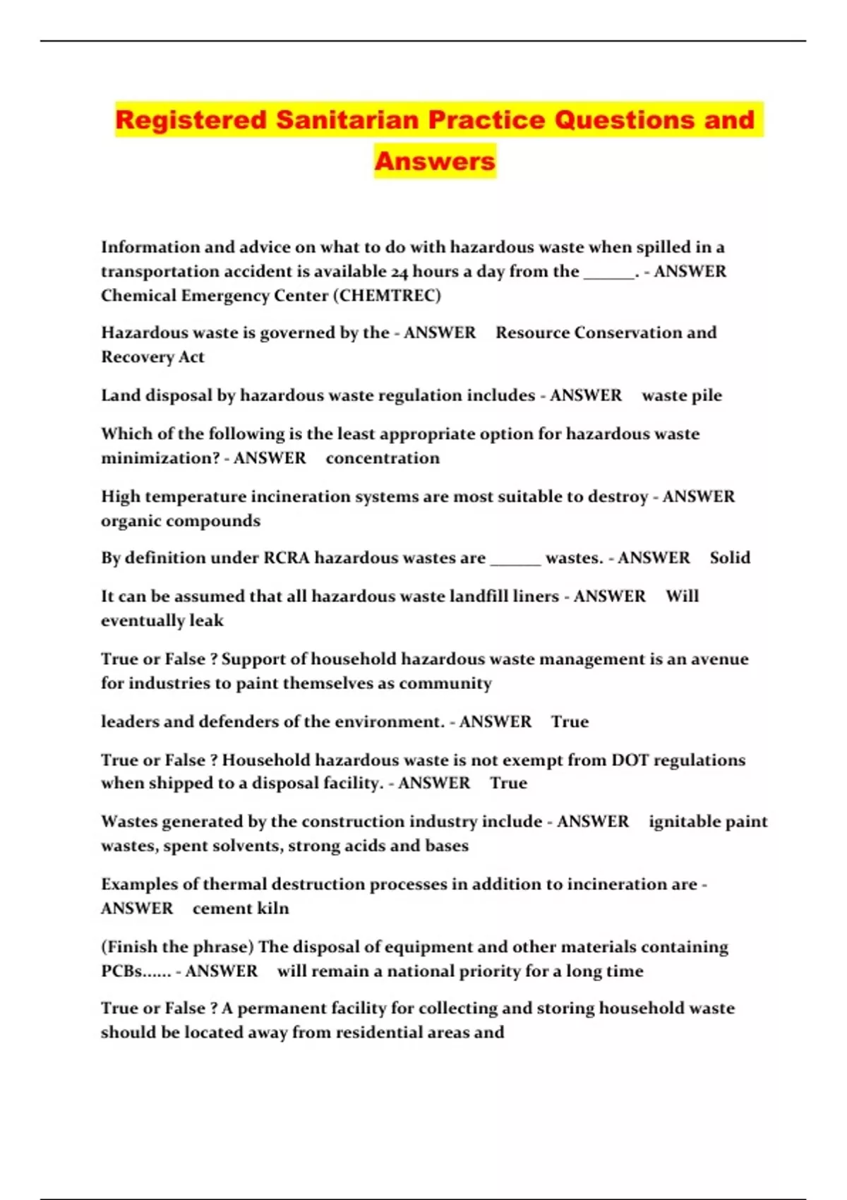 Registered Sanitarian Practice Questions and Answers RATED A+ 2023|2024 ...
