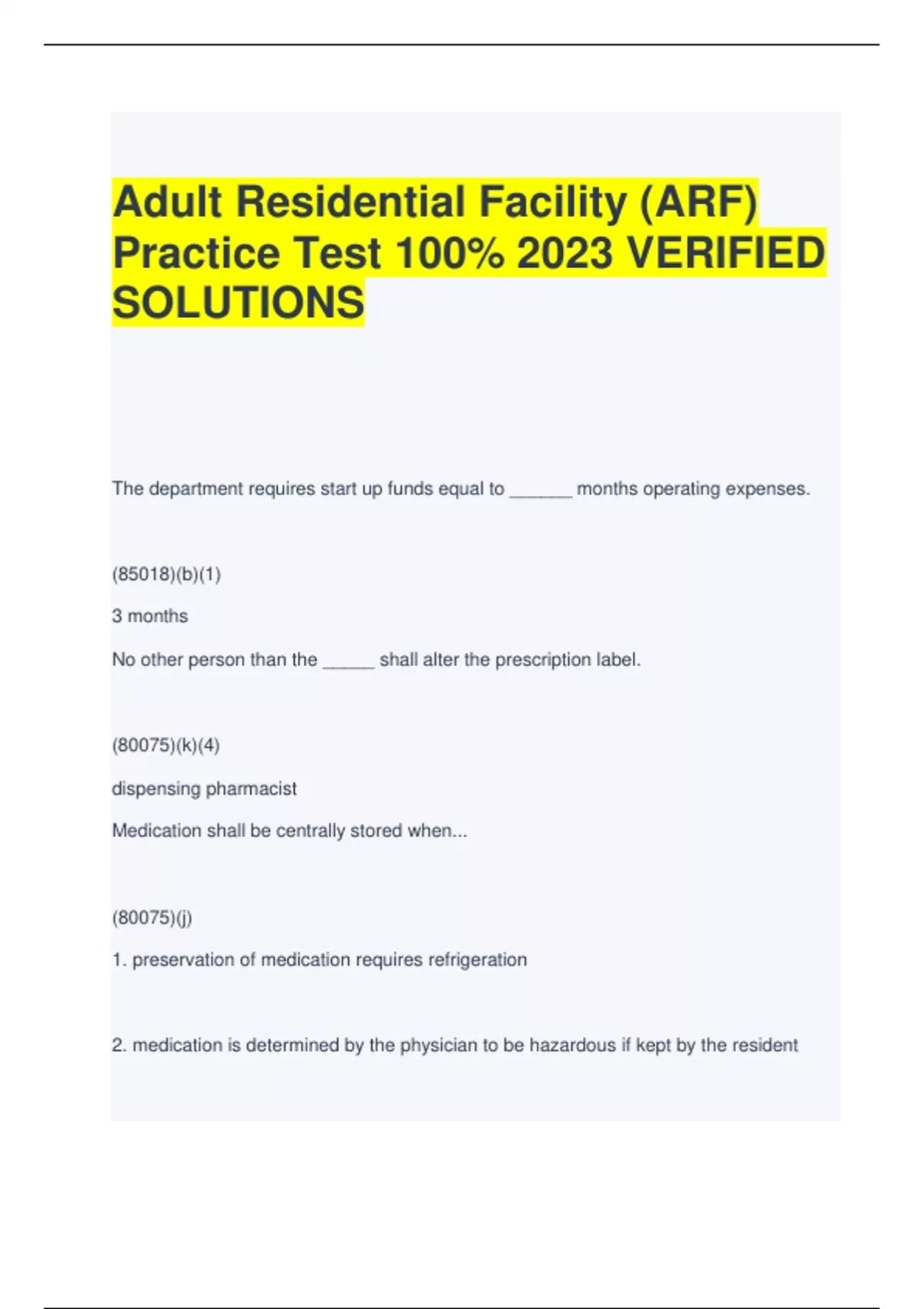 Adult Residential Facility (ARF) Practice Test 100% 2023 VERIFIED ...