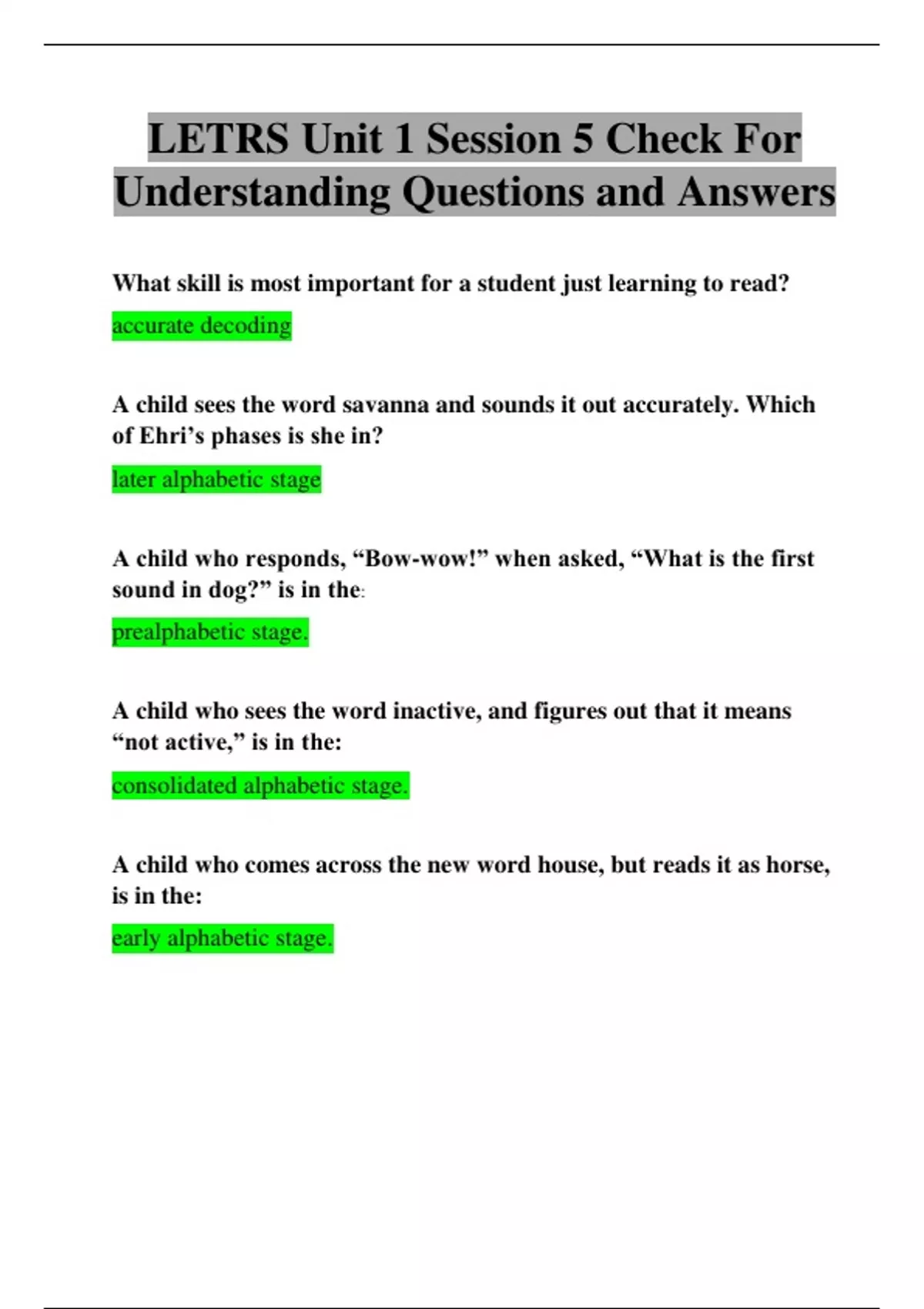 LETRS Unit 1 Session 5 Check For Understanding Questions and Answers ...