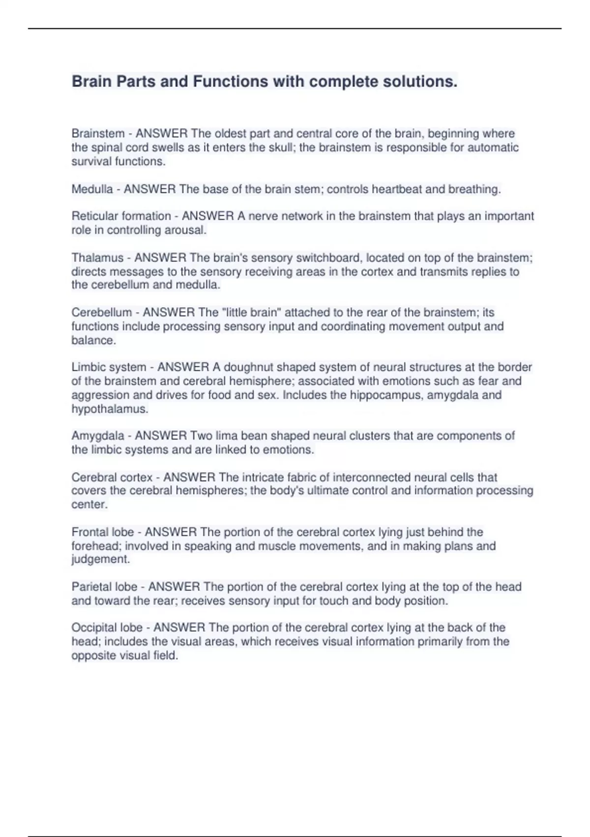 Brain Parts and Functions with complete solutions - USMLE - Stuvia US