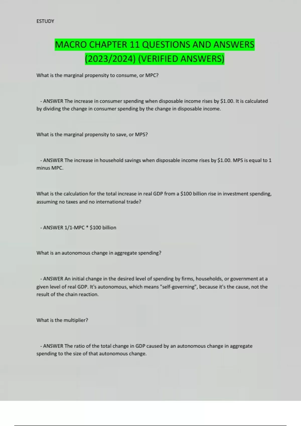 MACRO CHAPTER 11 QUESTIONS AND ANSWERS (2023/2024) (VERIFIED ANSWERS) - MACRO CHAPTER 11 - Stuvia US