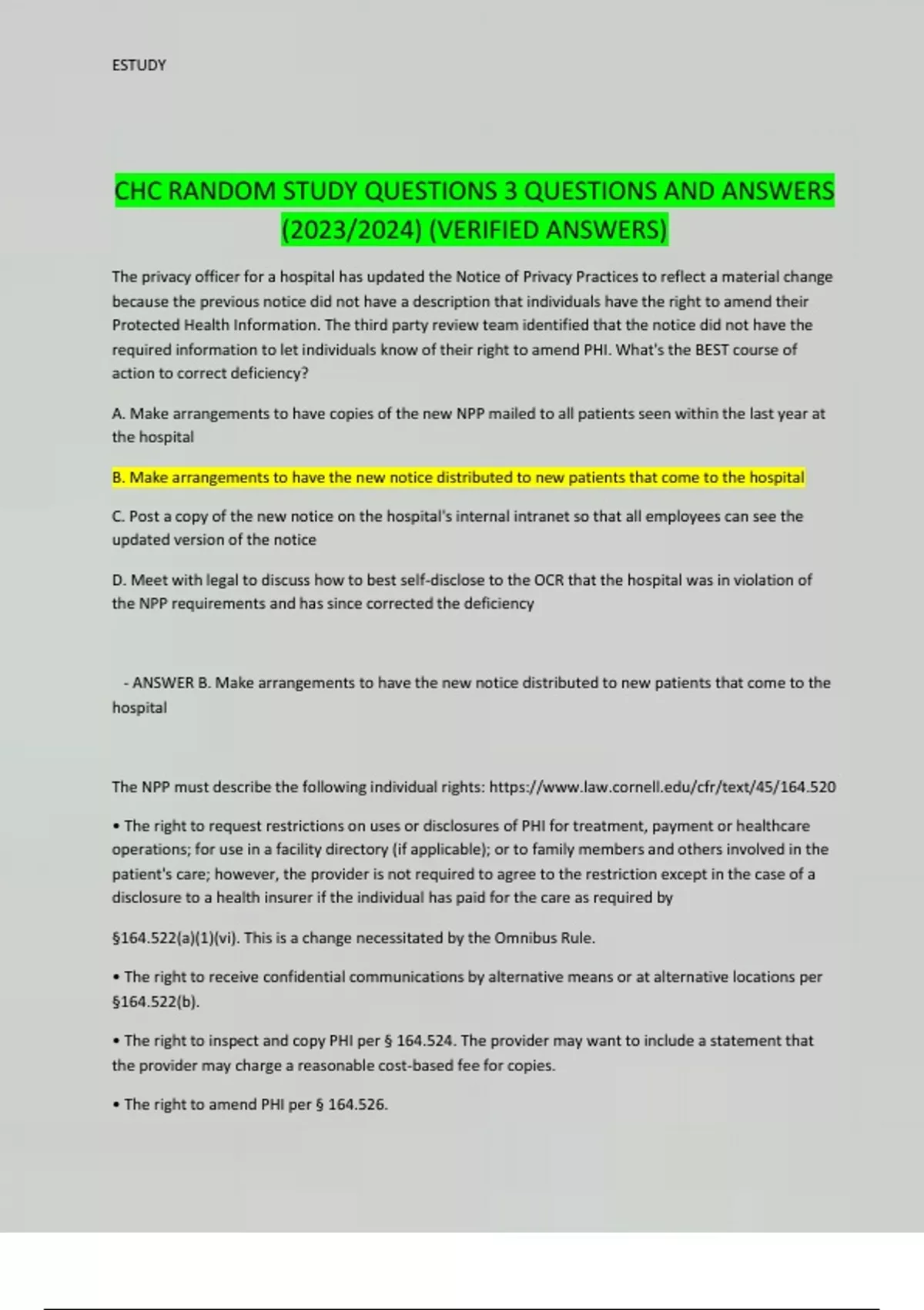 CHC RANDOM STUDY QUESTIONS 3 QUESTIONS AND ANSWERS (2023/2024 ...
