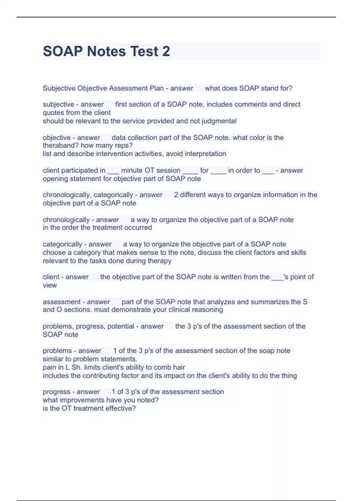 SOAP Notes Test 2. Questions with correct Answers 2023 - SOAP - Stuvia US
