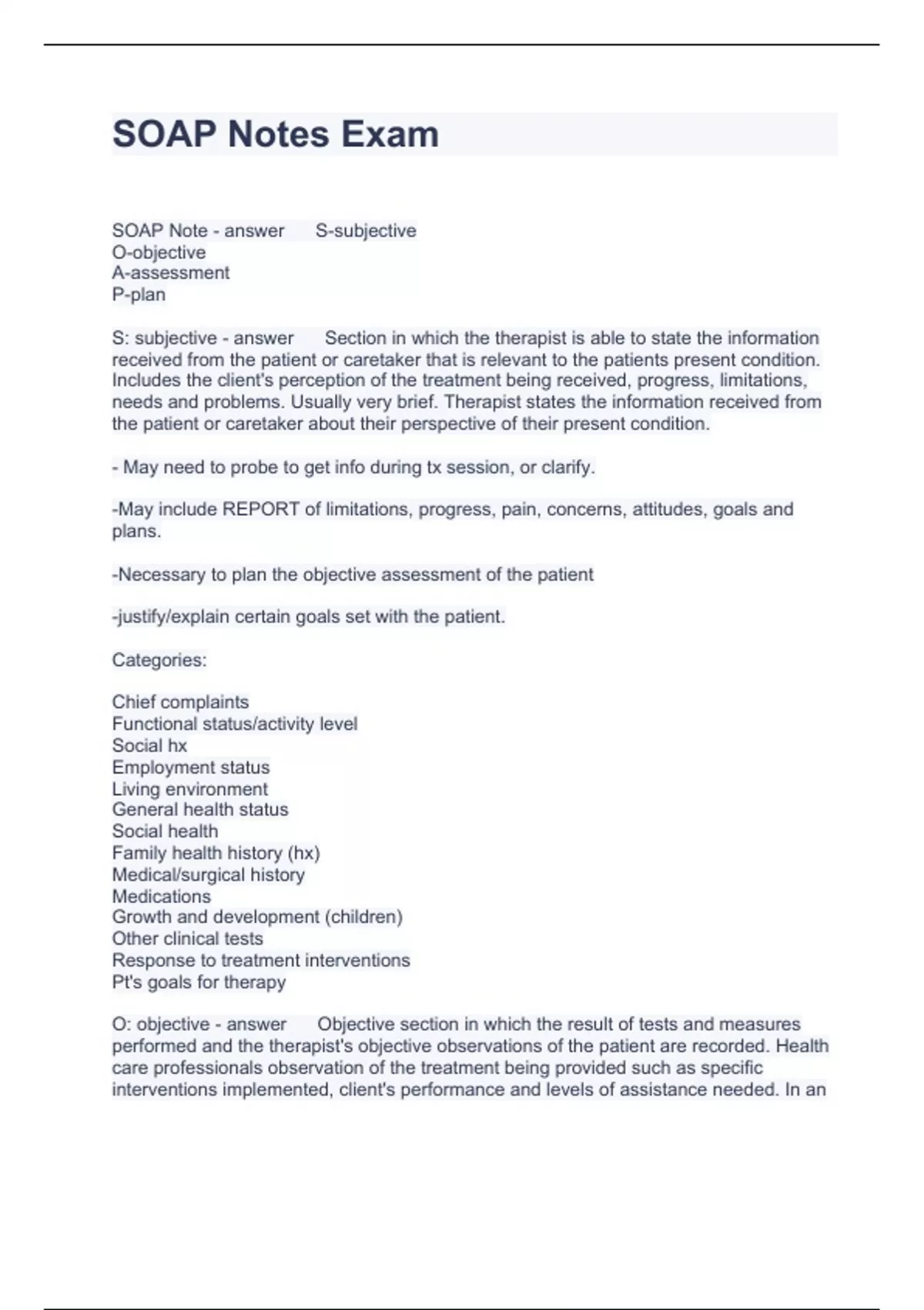 SOAP Notes Exam Questions with correct Answers 2023 - SOAP - Stuvia UK