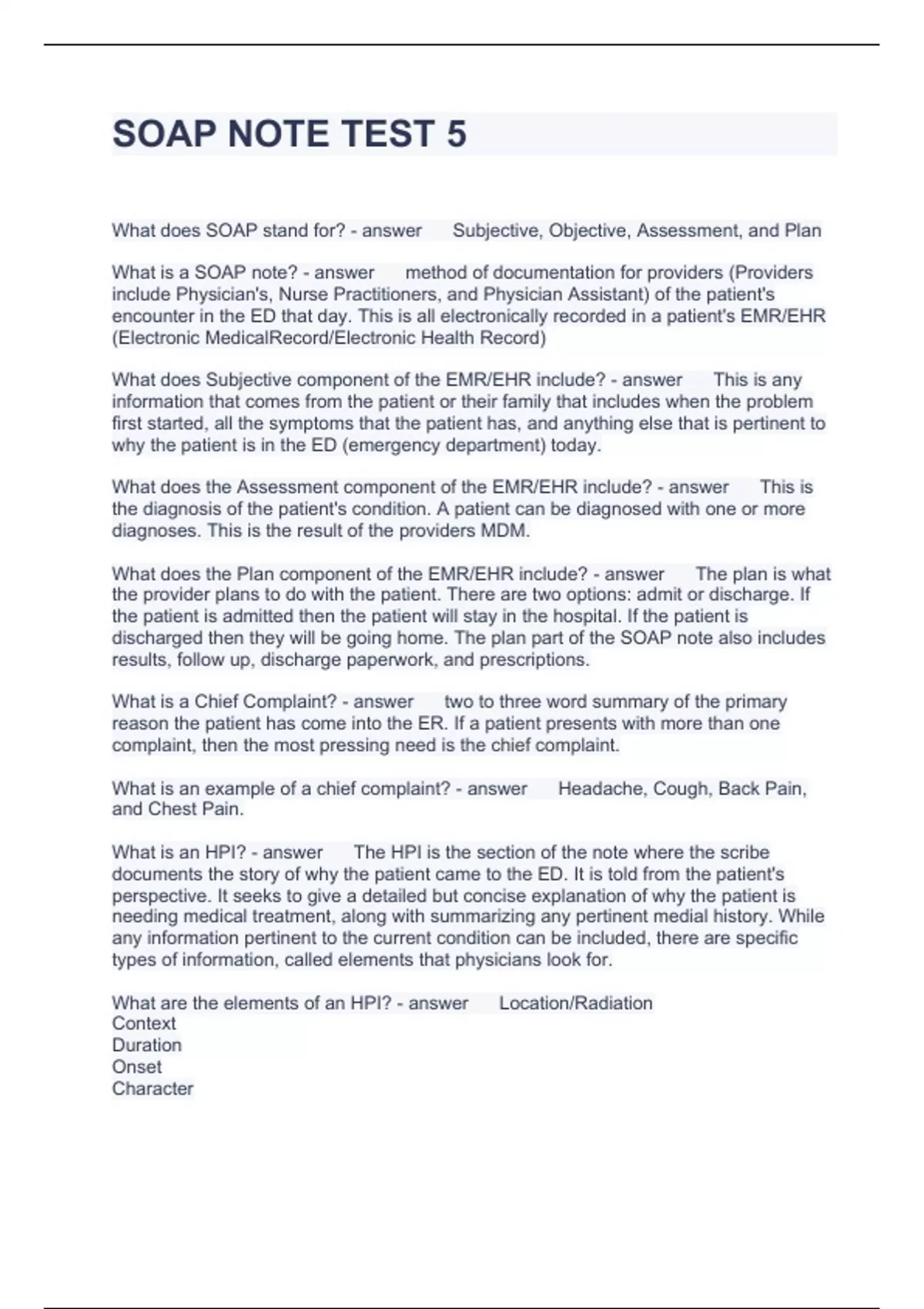 SOAP NOTE TEST 5 QUESTIONS WITH CORRECT ANSWERS 2023 - SOAP - Stuvia US