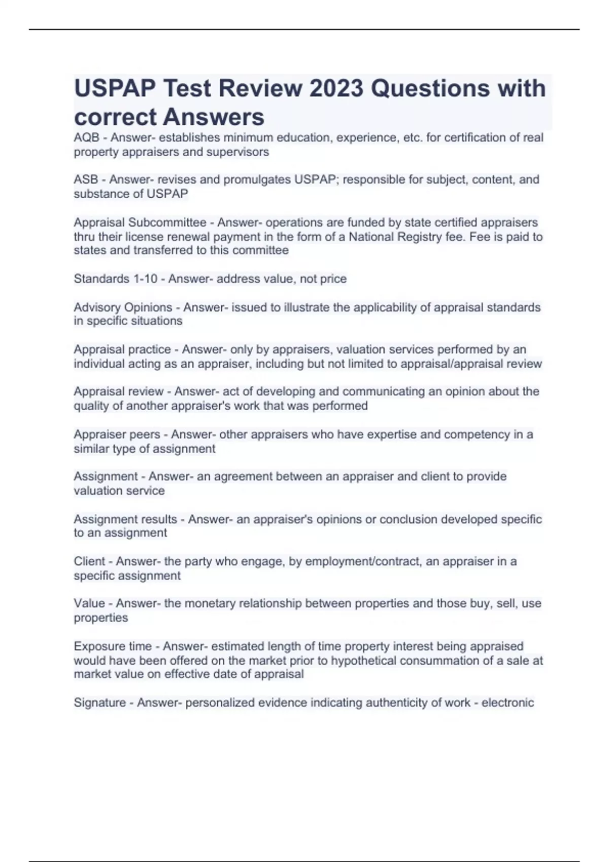 USPAP Test Review 2023 Questions with correct Answers - Uspap - Stuvia US