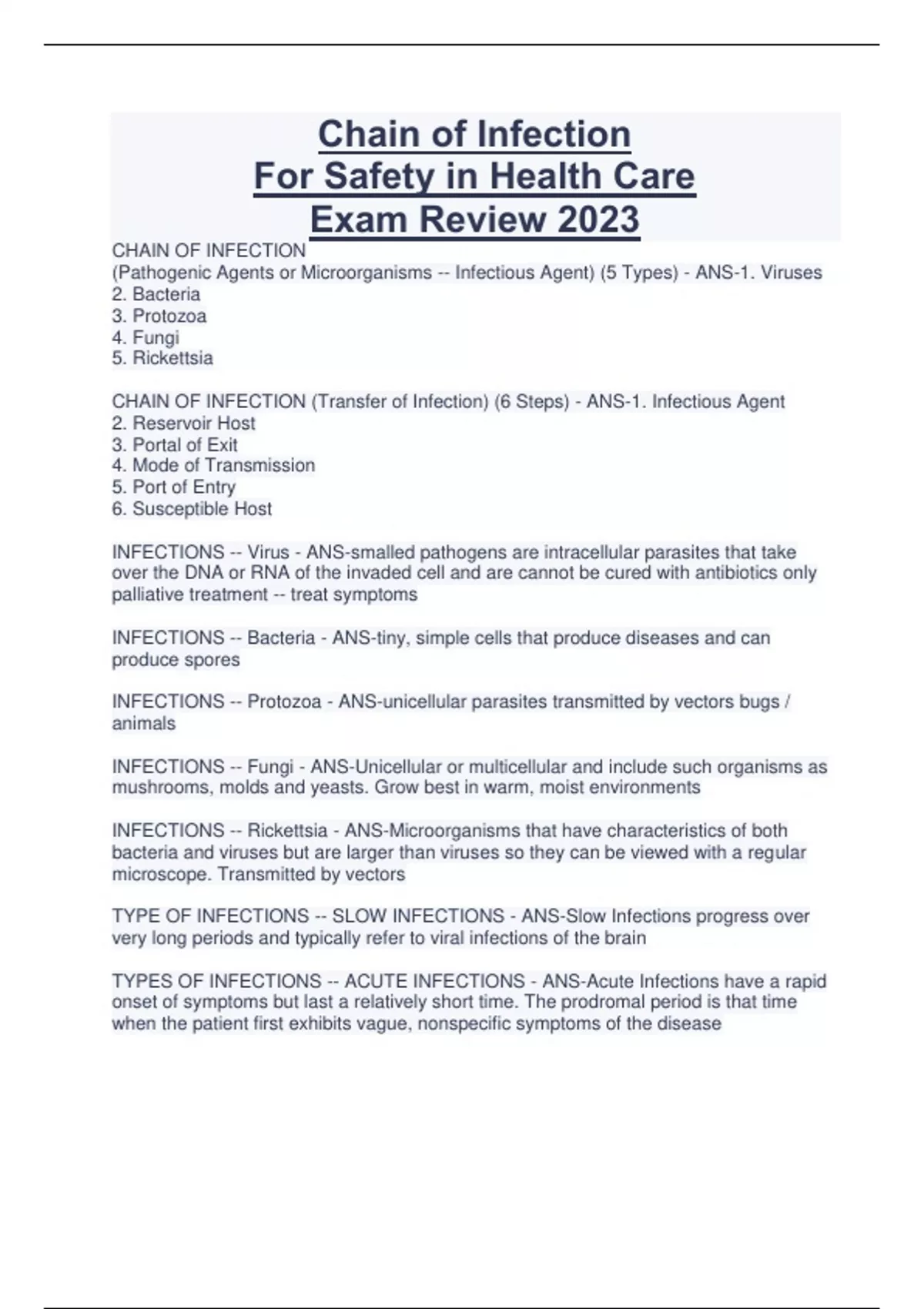 Chain of Infection For Safety in Health Care Exam Review 2023 - Chain ...