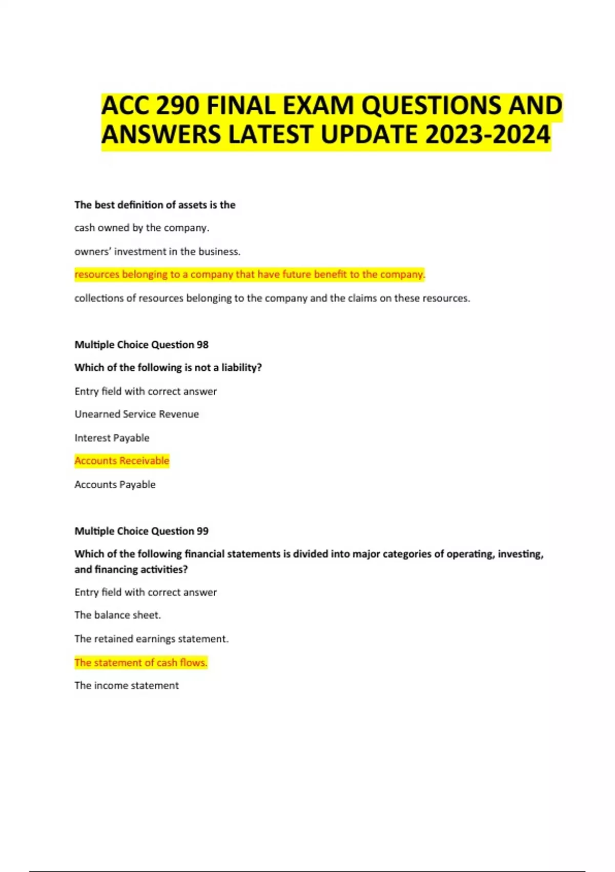 ACC 290 FINAL EXAM REVIEW QUESTIONS AND ANSWERS LATEST UPDATE | Graded ...