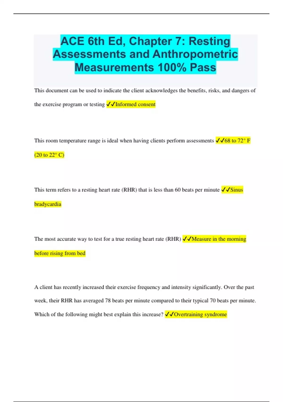 ACE 6th Ed, Chapter 7: Resting Assessments and Anthropometric Measurements 100% Pass - ACE 6th ...