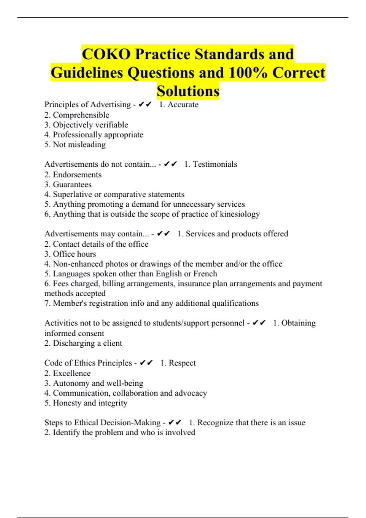 COKO Practice Standards and Guidelines Questions and 100% Correct Solutions - COKO - Stuvia US