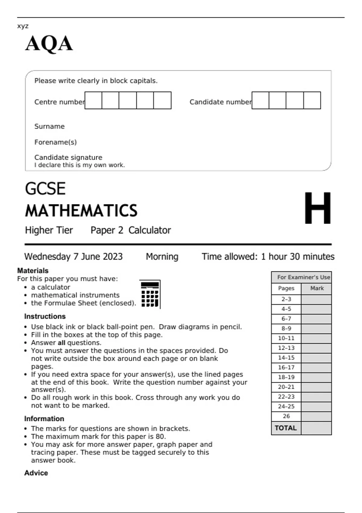 AQA GCSE MATHEMATICS Higher Tier Paper 2 JUNE 2023 QUESTION PAPER ...