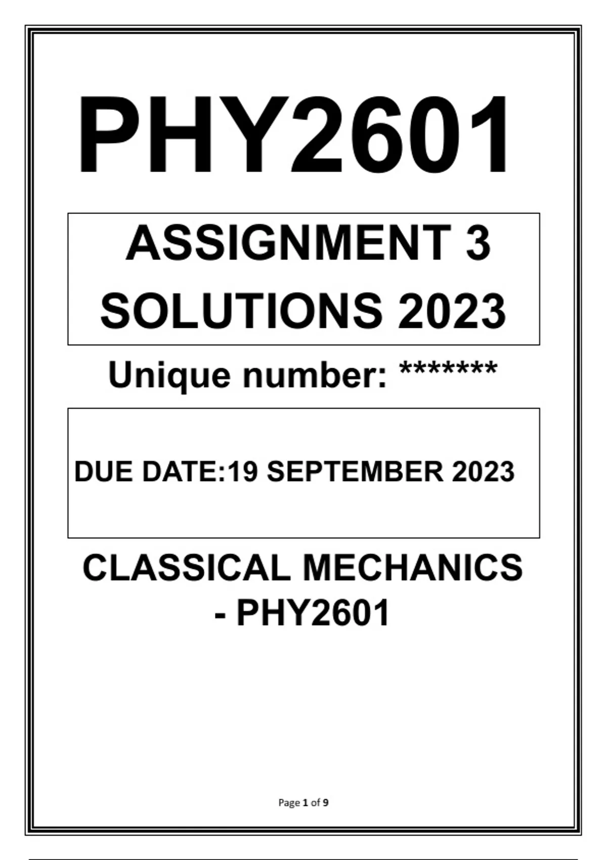 PHY2601 ASSIGNMENT 3 SOLUTIONS 2023 UNISA Classical Mechanics - PHY2601 - Classical Mechanics ...