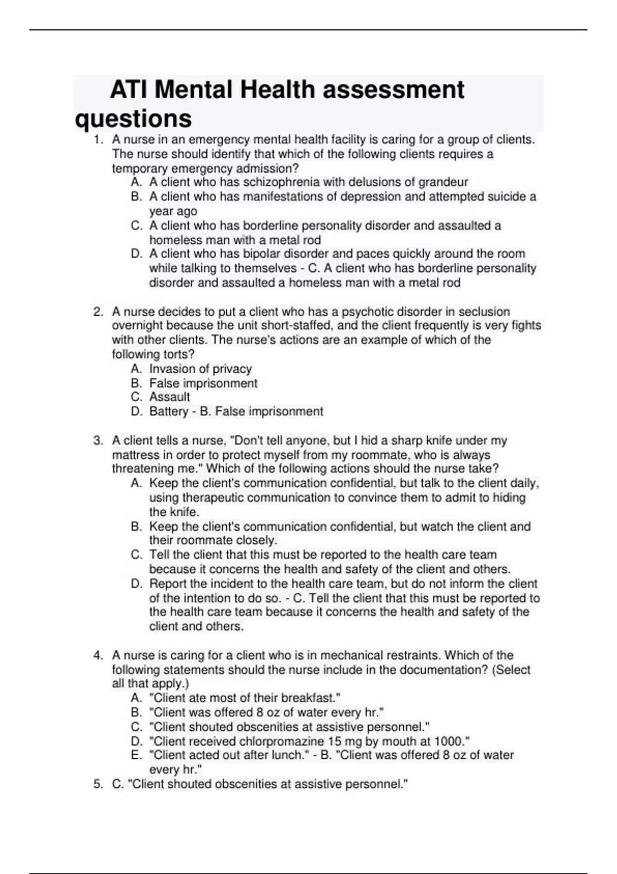 ATI Mental Health assessment questions and answers complete solution ...