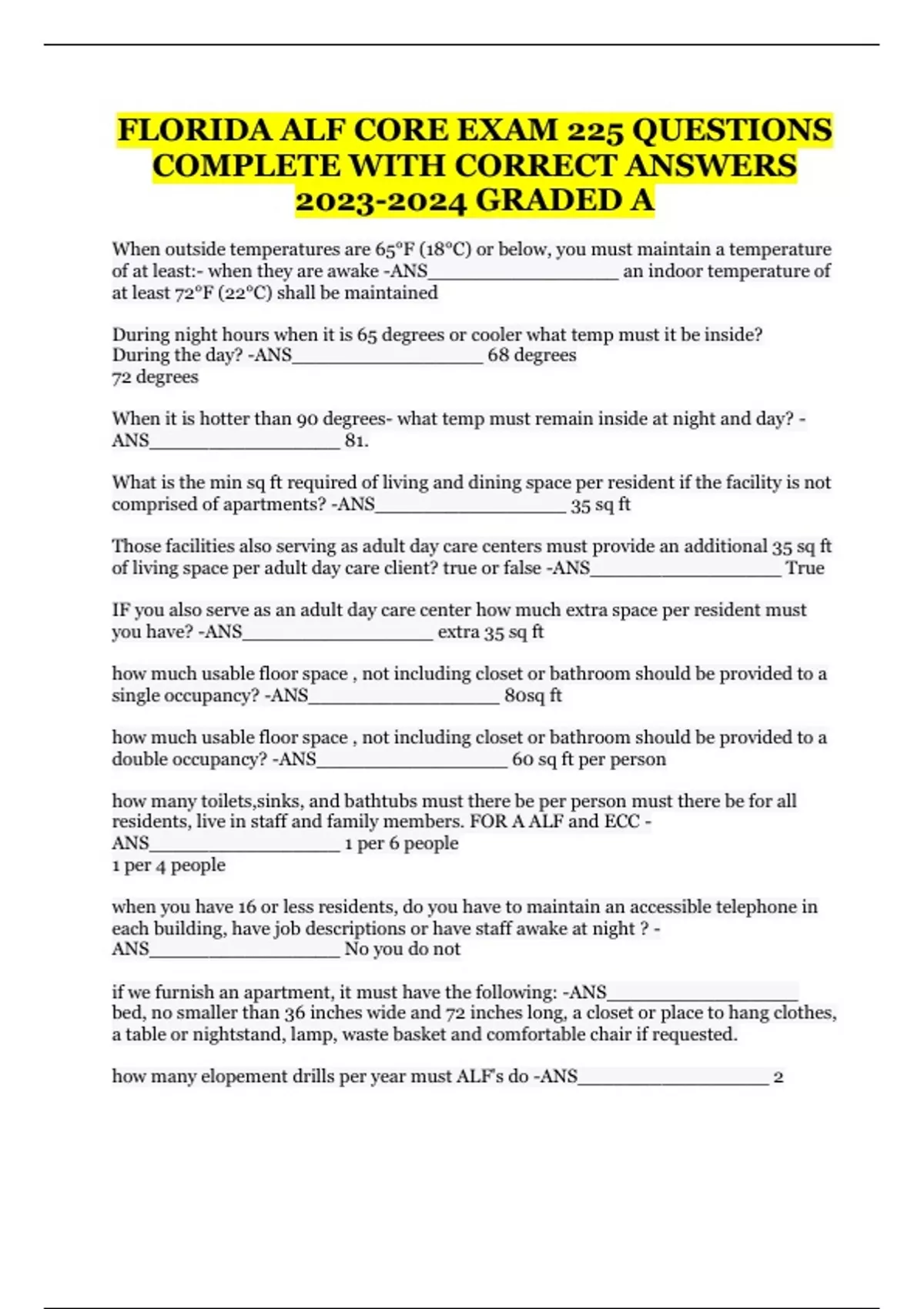FLORIDA ALF CORE EXAM 225 QUESTIONS COMPLETE WITH CORRECT ANSWERS GRADED A - FLORIDA ALF CORE ...