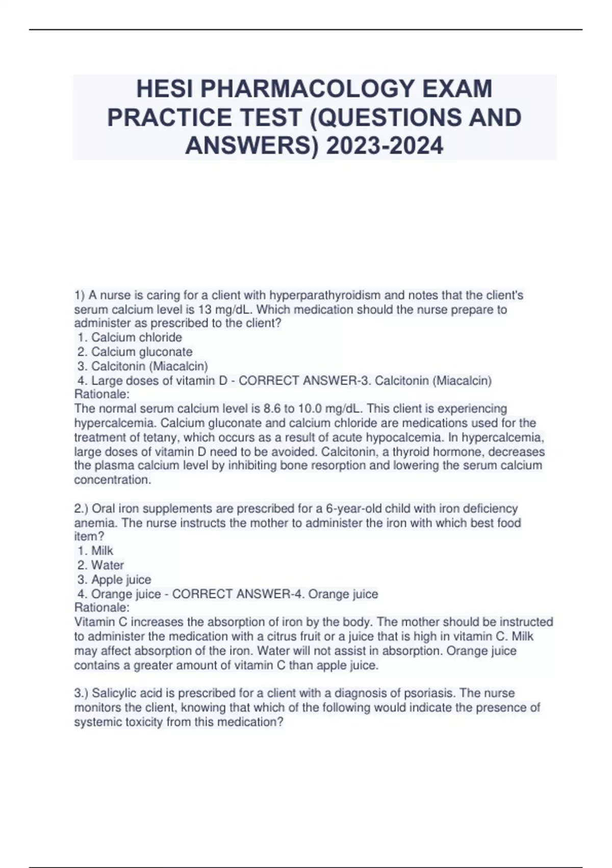 HESI PHARMACOLOGY EXAM PRACTICE TEST (QUESTIONS AND ANSWERS) - HESI ...