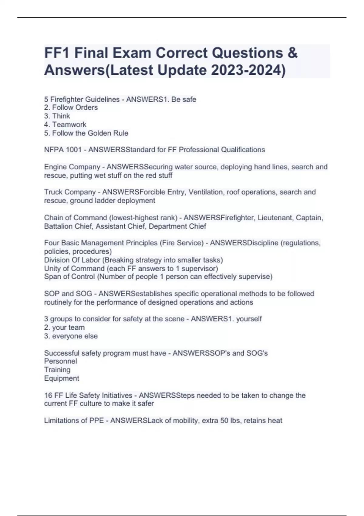 Ff1 Final Exam Correct Questions And Answers Latest Update Ff1