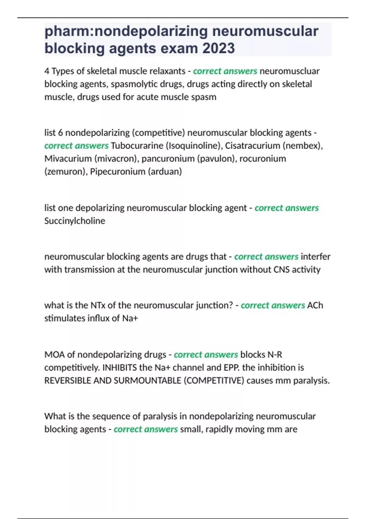 pharm:nondepolarizing neuromuscular blocking agents exam 2023 - Pharm ...