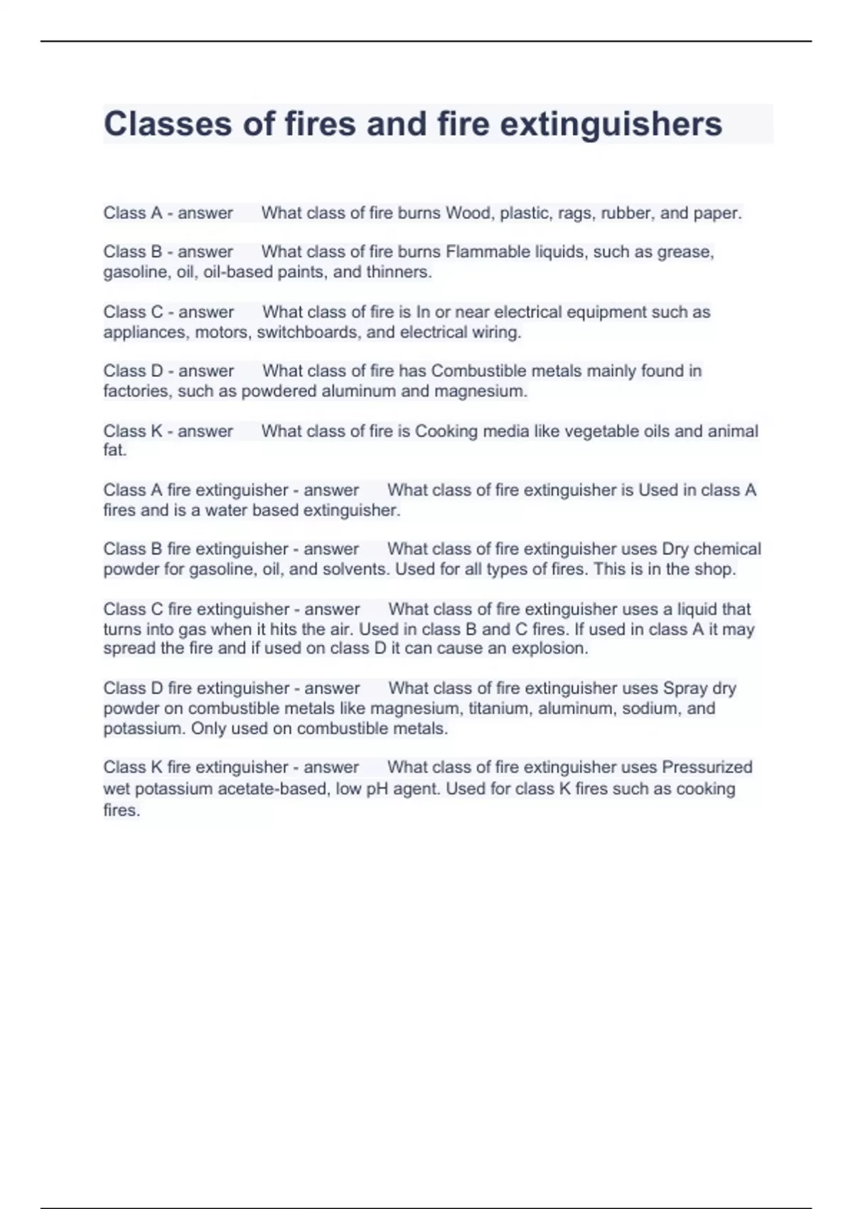 Classes of fires and fire extinguishers Questions with solutions 2023 ...