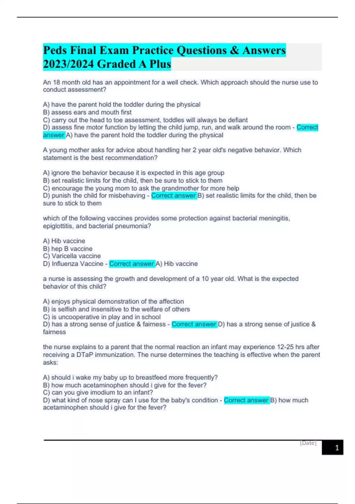 Peds Final Exam Practice Questions & Answers 2023/2024 Graded A Plus ...
