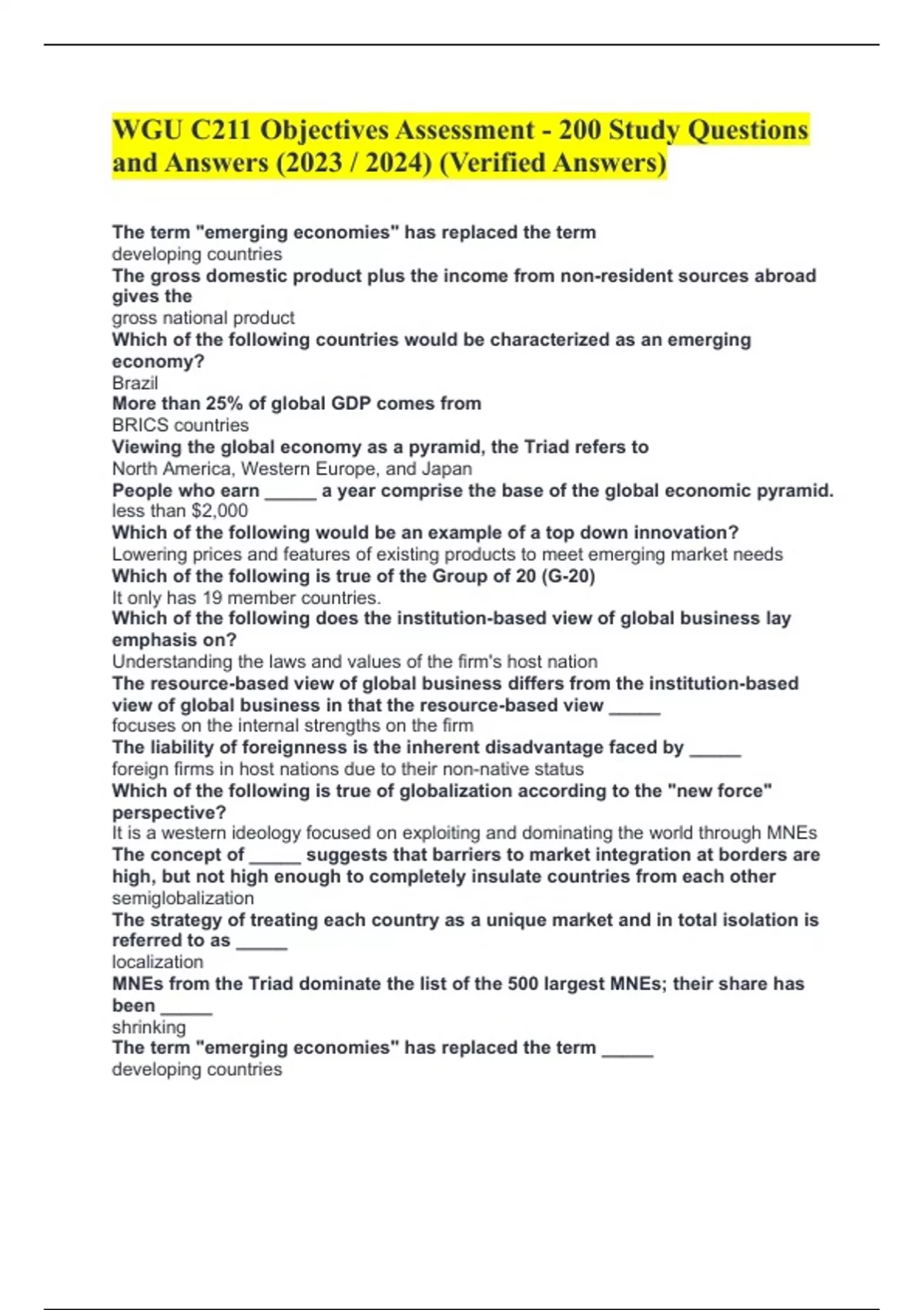 WGU C211 Objectives Assessment - 200 Study Questions and Answers (2023 ...