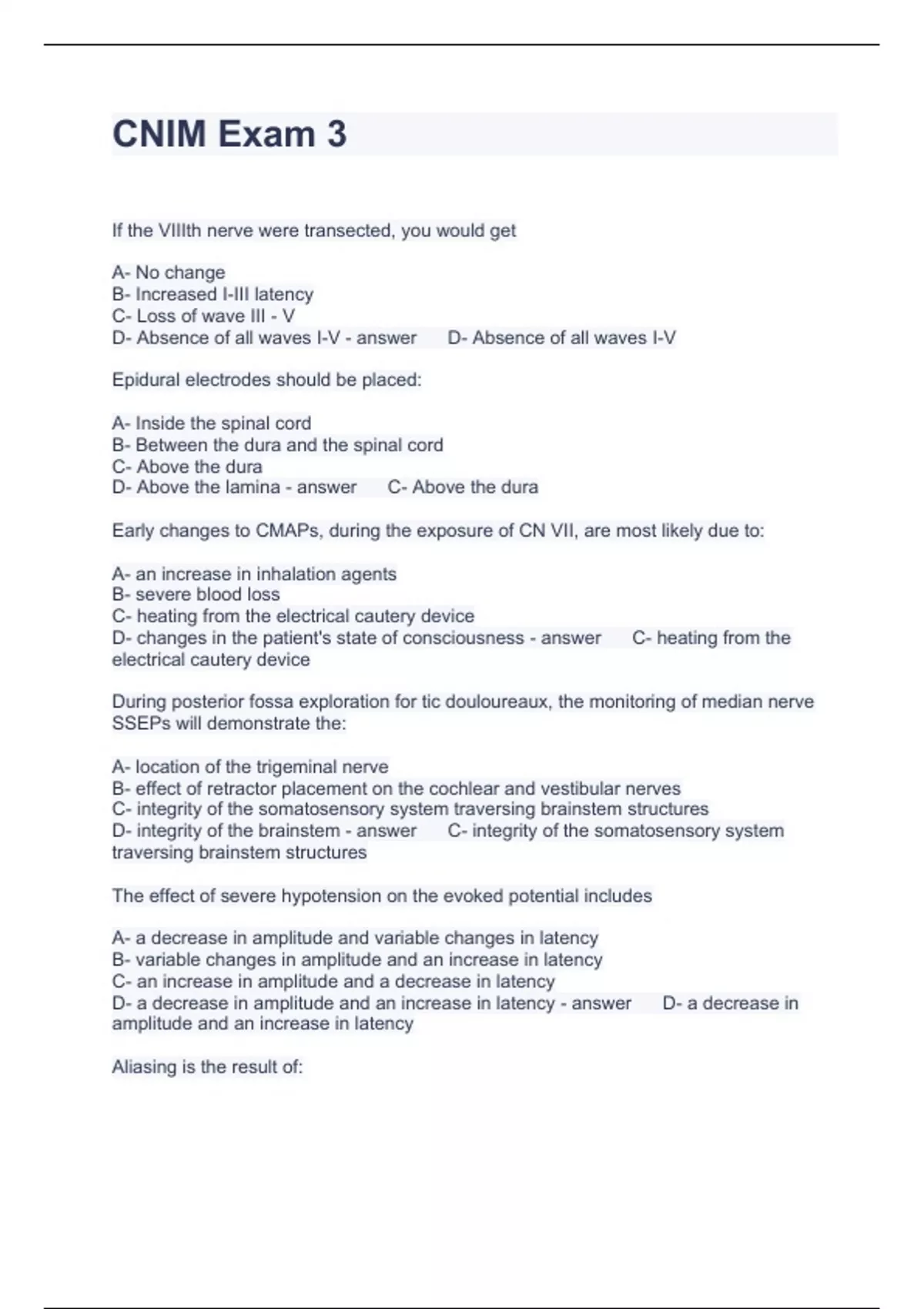 CNIM Exam 3 Questions with correct Answers 2023 - Cnim - Stuvia US