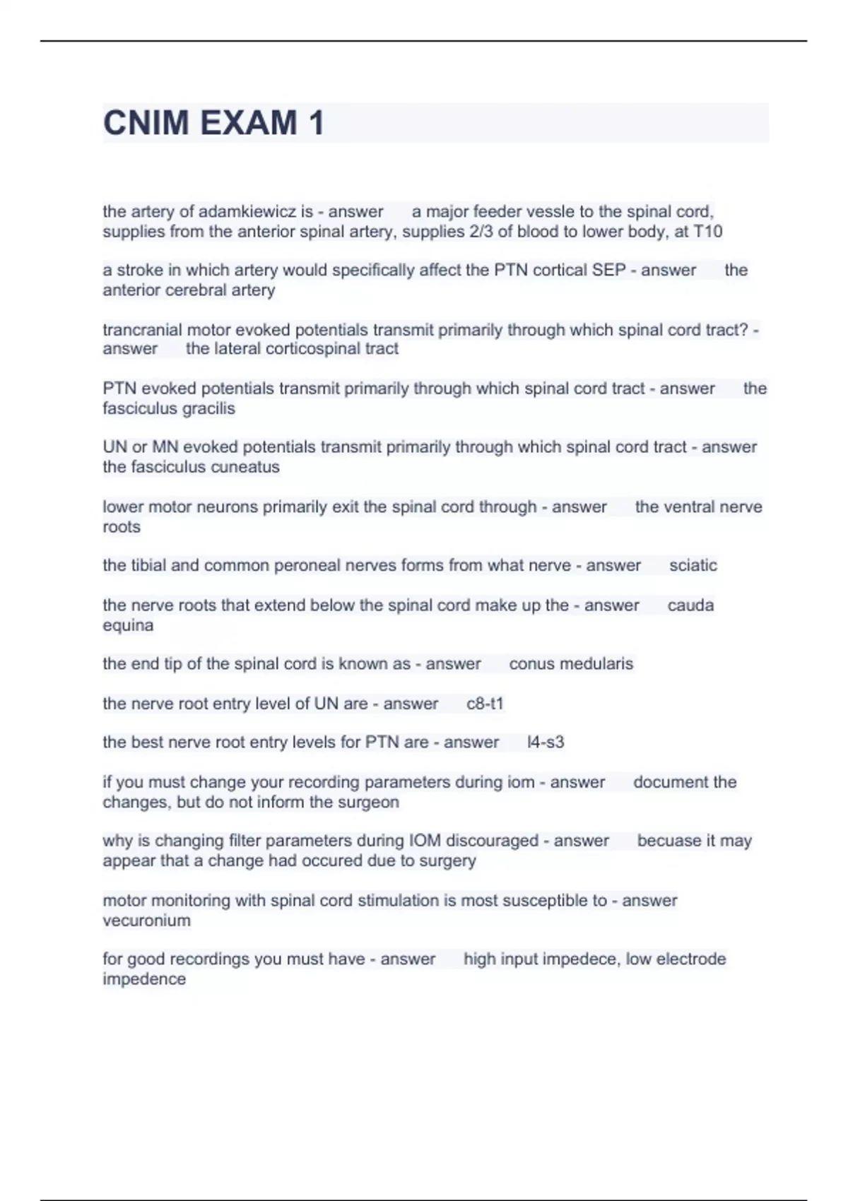 CNIM EXAM 1 Questions with correct Answers 2023 - Cnim - Stuvia US