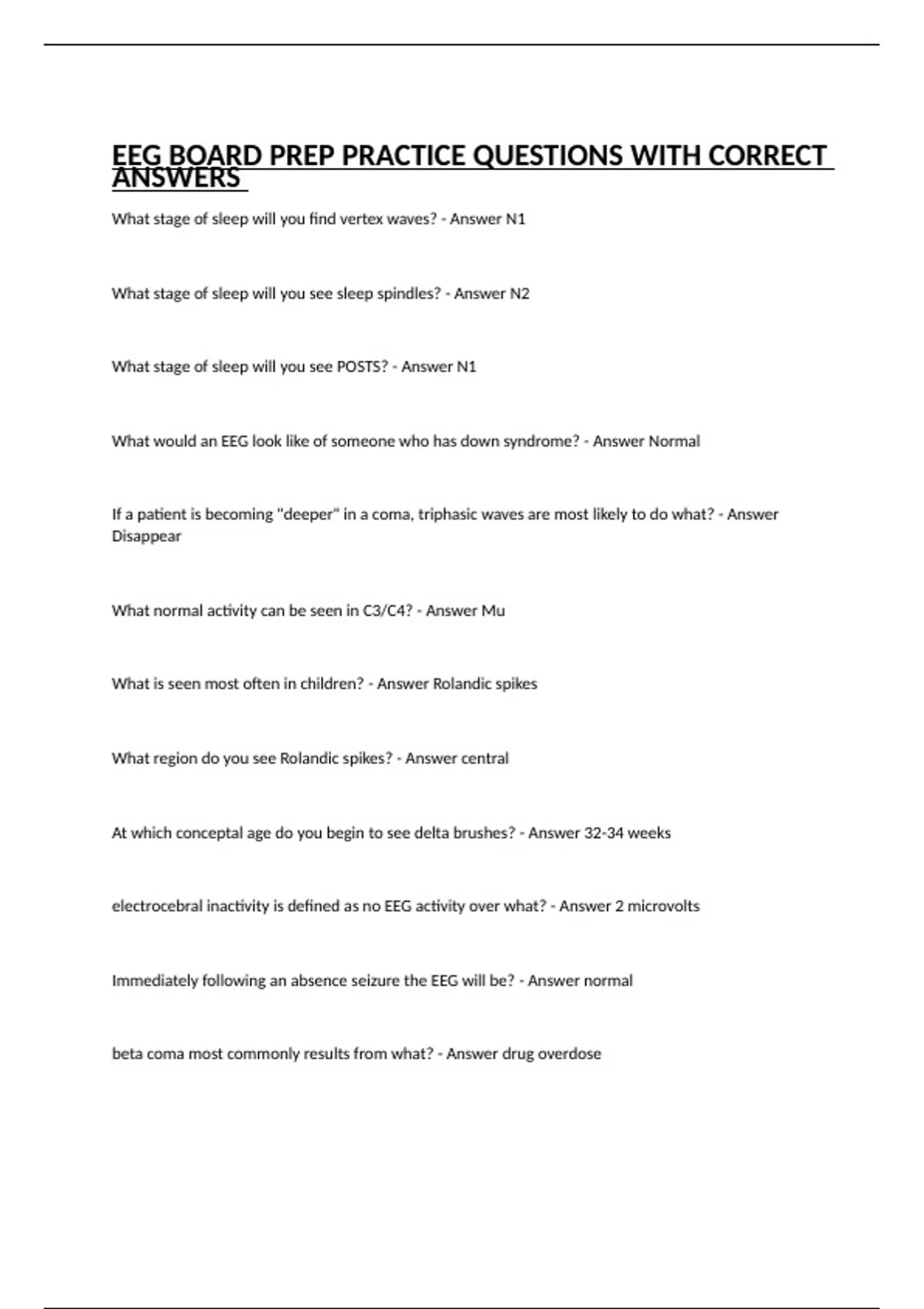 EEG BOARD PREP PRACTICE QUESTIONS WITH CORRECT ANSWERS - EEG - Stuvia US