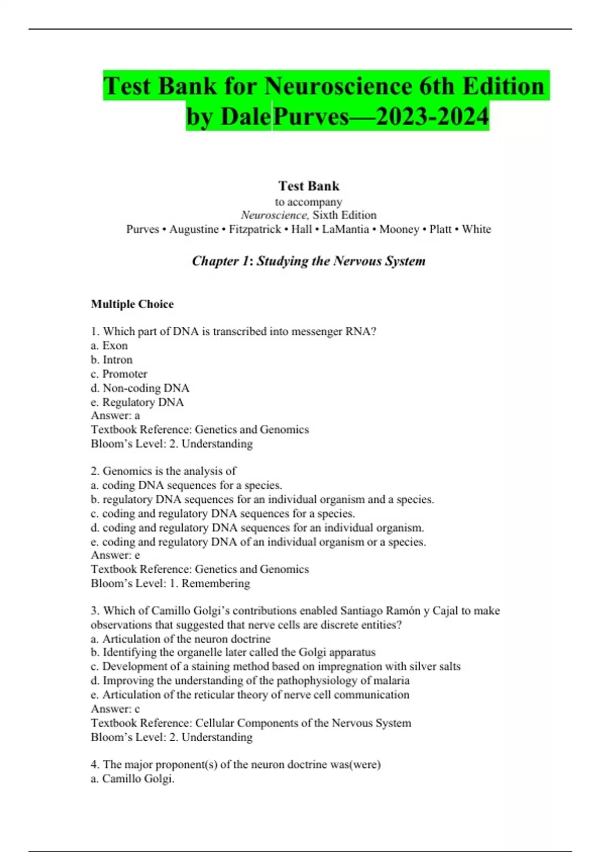 Test Bank for Neuroscience 6th Edition by Dale Purves— - Neuroscience ...