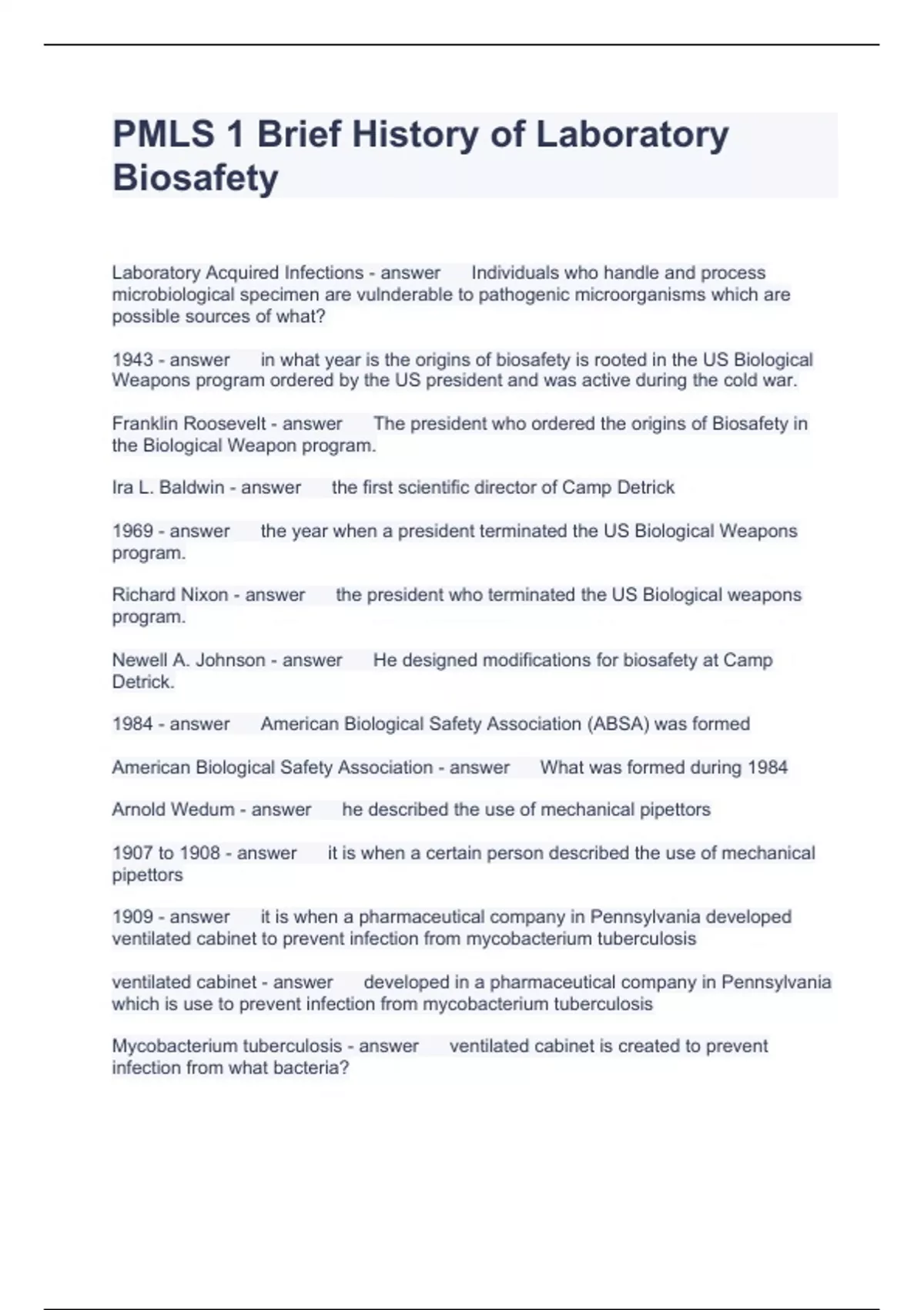 PMLS 1 Brief History of Laboratory Biosafety Questions with correct ...