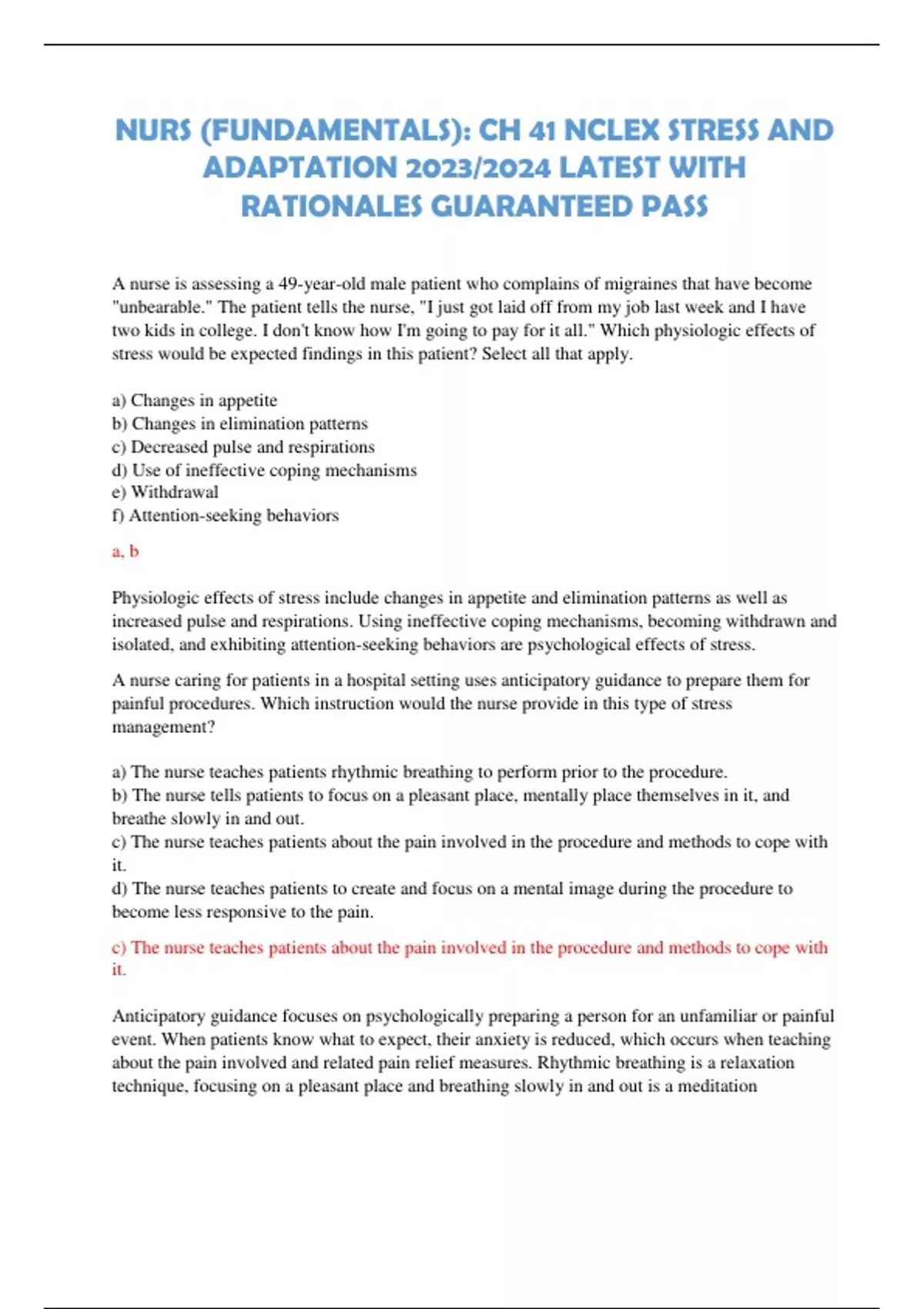 NURS (FUNDAMENTALS): CH 41 NCLEX STRESS AND ADAPTATION 2023/2024 LATEST ...