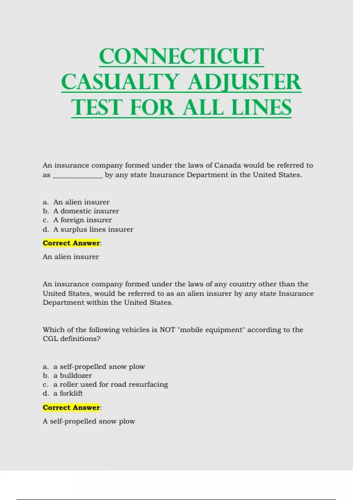 Connecticut Casualty Adjuster Test for All Lines; All Answers Correct ...