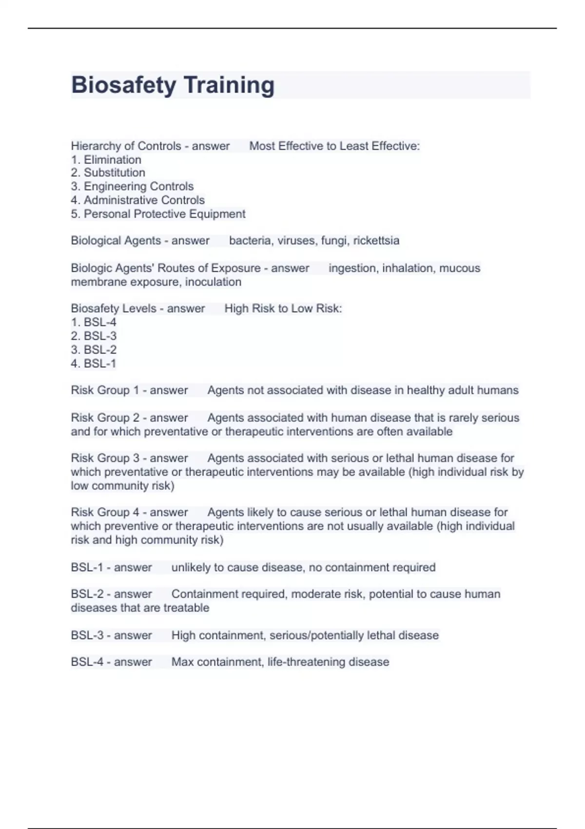 Biosafety Training Questions with correct Answers 2023 - BIOSAFETY ...
