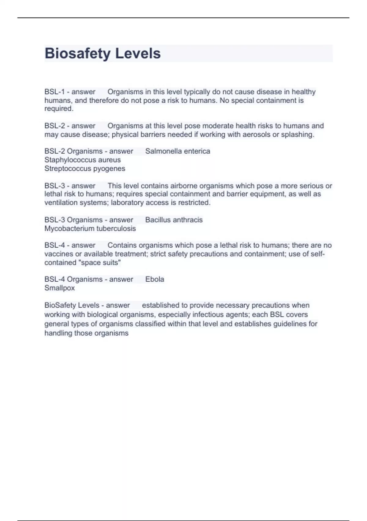 Biosafety Levels Questions with correct Answers 2023 - BIOSAFETY ...