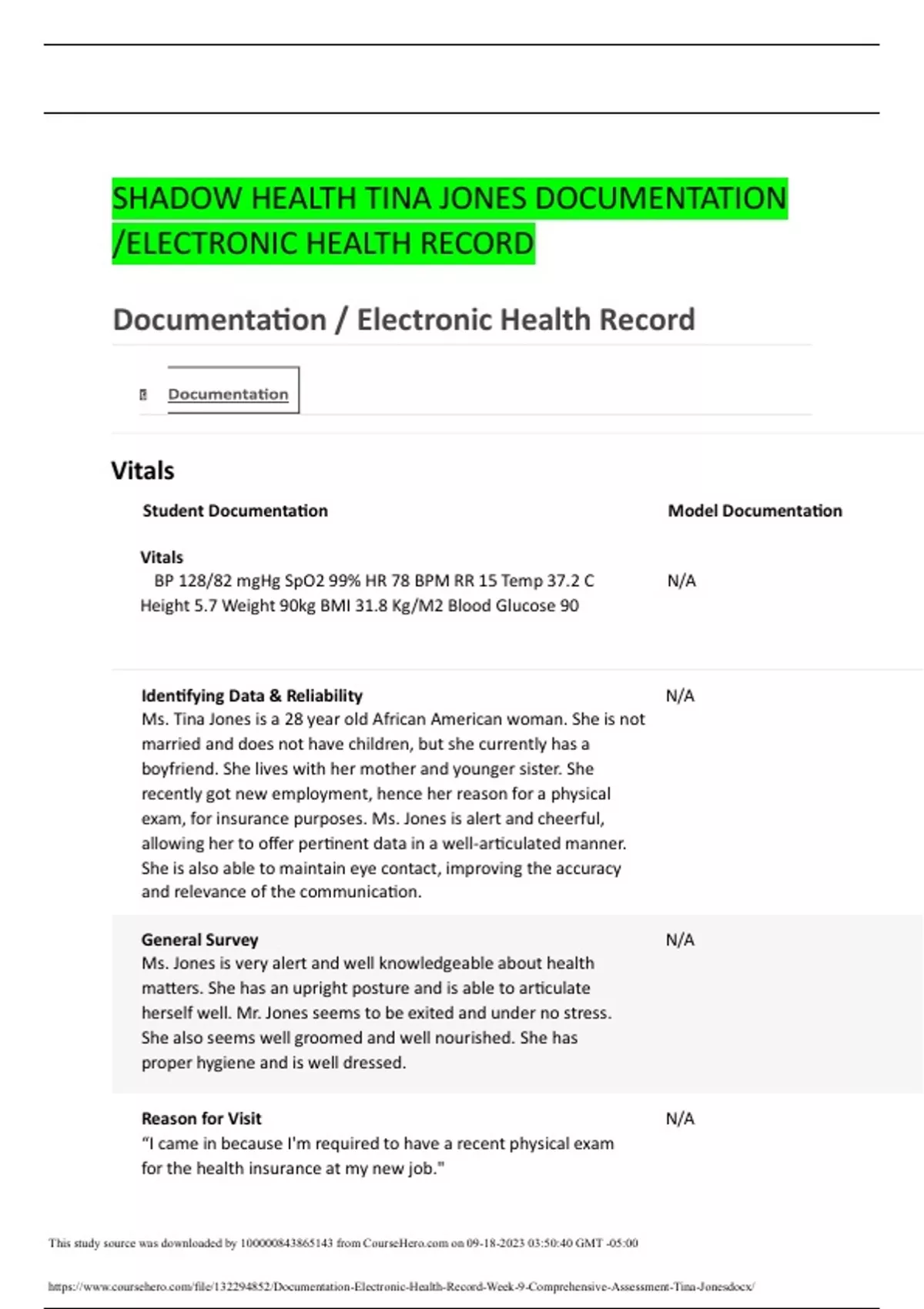 Shadow Health Tina Jones Documentation. Electronic Health Record ...