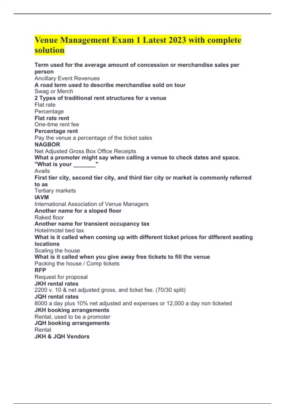 Venue Management Exam 1 Latest 2023 with complete solution - Venue ...