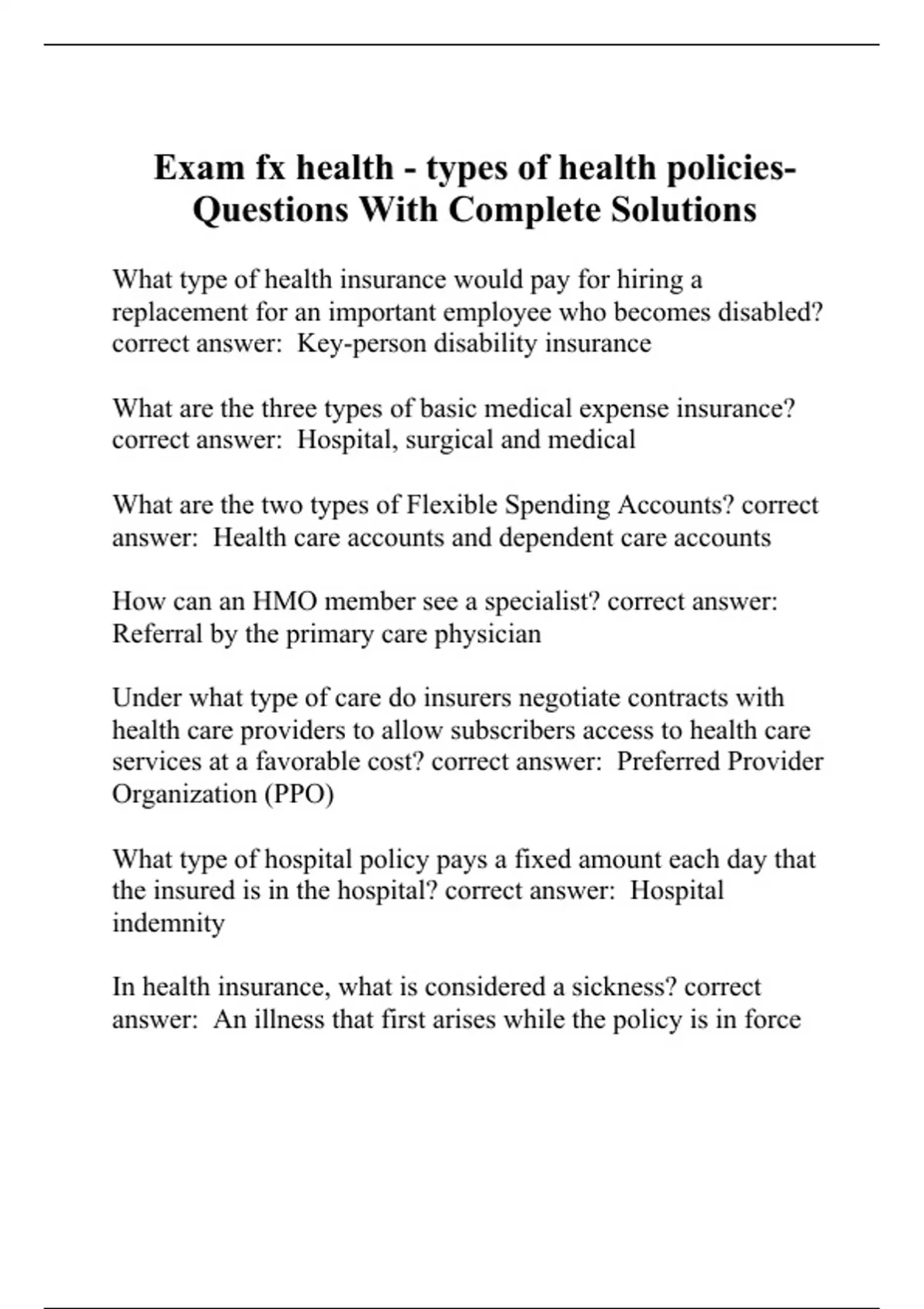 Exam fx health - types of health policies- Questions With Complete ...