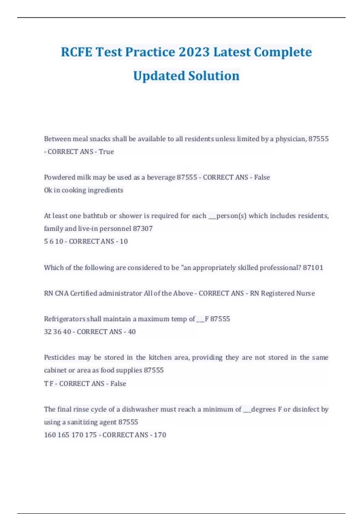 RCFE Test Practice 2023 Latest Complete Updated Solution - Rcfe - Stuvia US