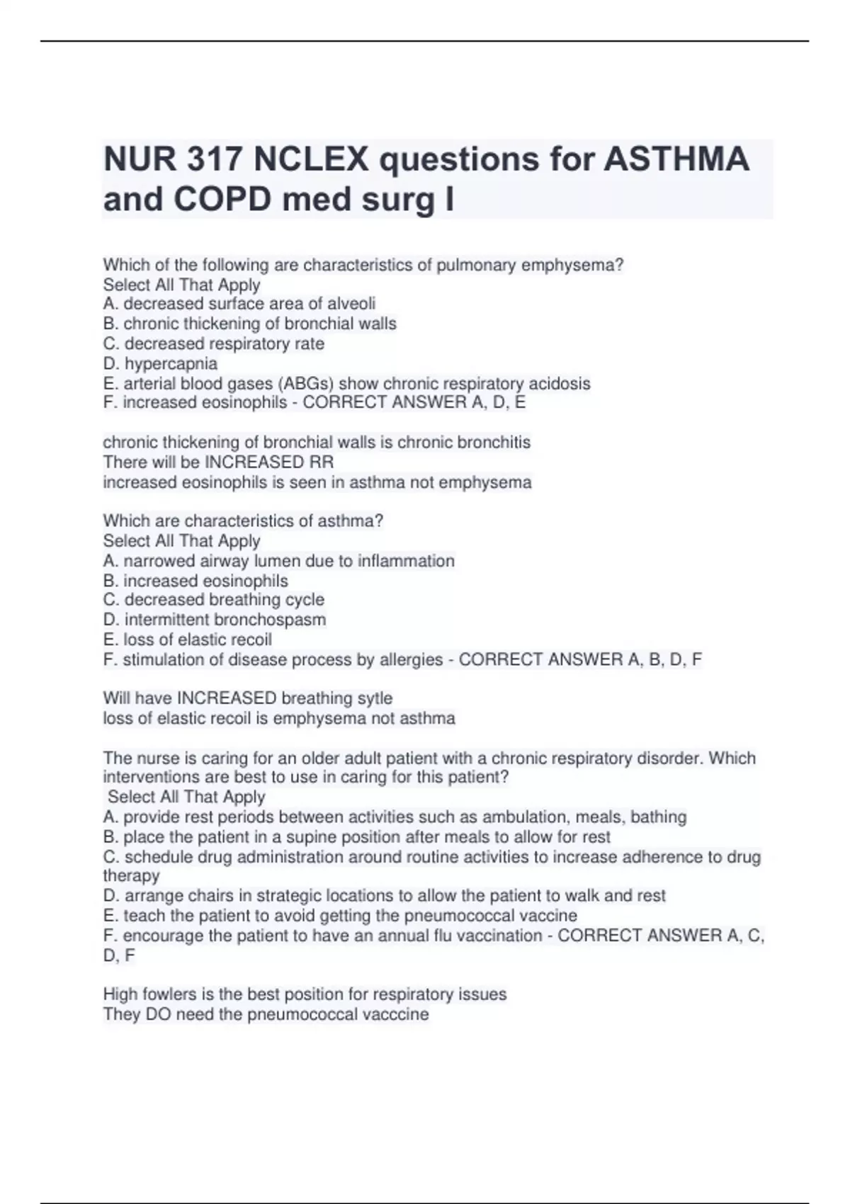 NUR 317 NCLEX questions for ASTHMA and COPD med surg I - NUR 317 ...
